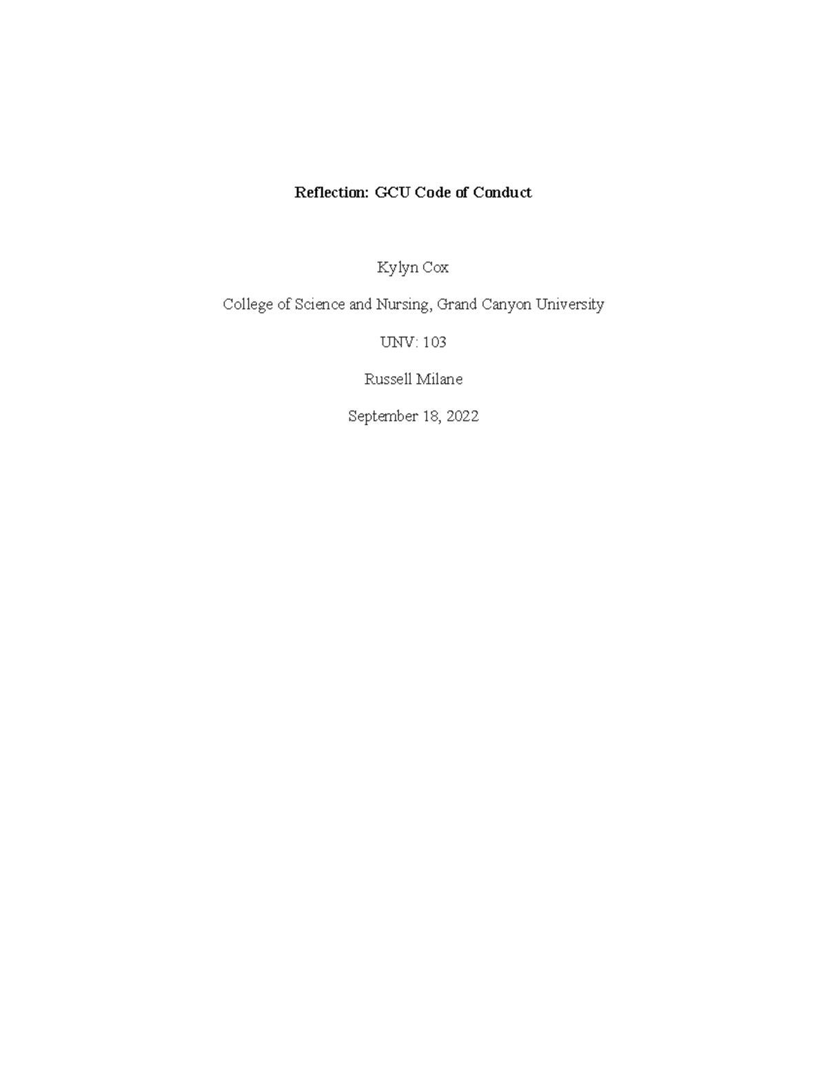 Code of conduct essay. - fully complete - Reflection: GCU Code of ...