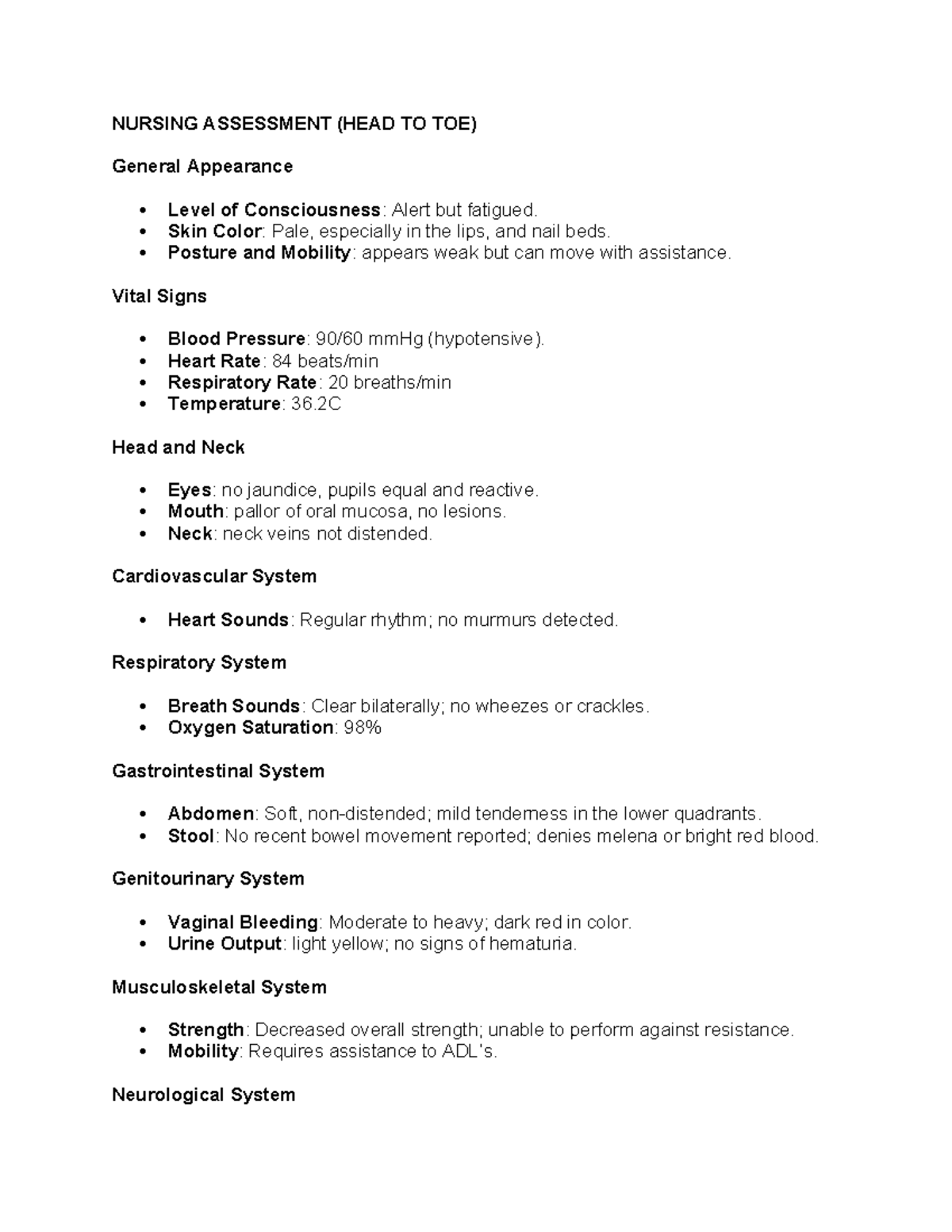 Nursing Assessment & Discharge PLAN - NURSING ASSESSMENT (HEAD TO TOE ...