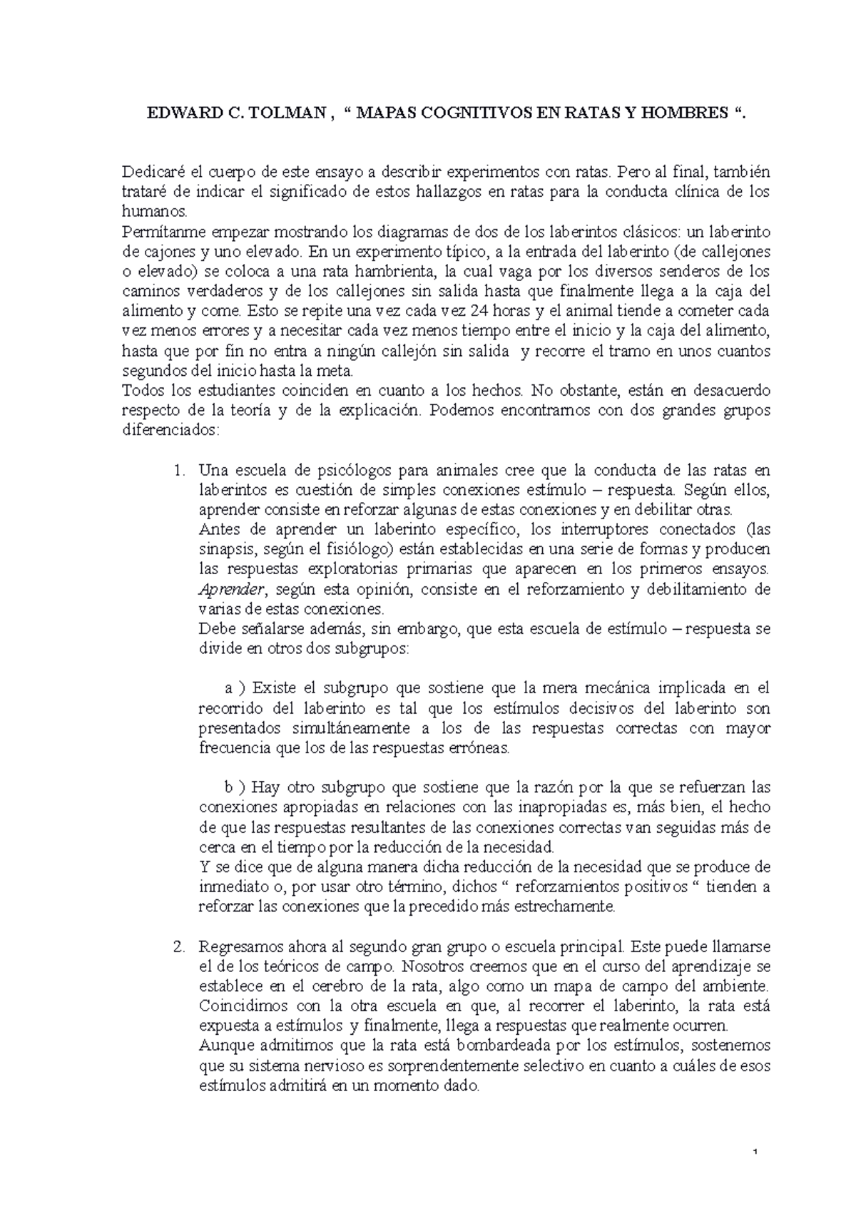 Edward C. Tolman - EDWARD C. TOLMAN , “ MAPAS COGNITIVOS EN RATAS Y ...