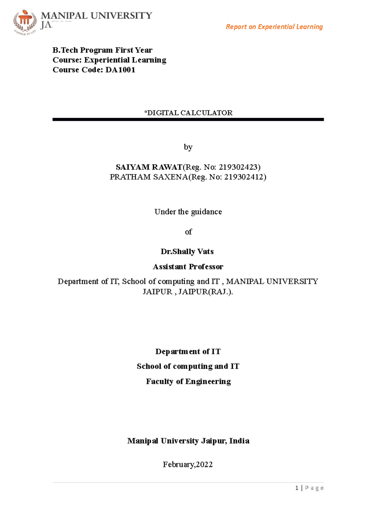 Experiential Learning Report First page Template 2020-21 First Semester ...