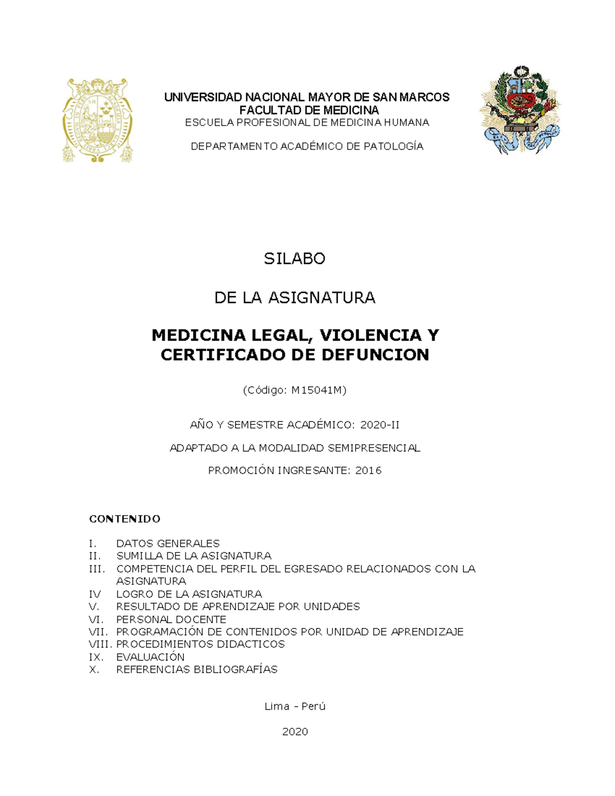 Silabo Medicina Legal, Violencia Y Certificado DE Defuncion 2020-II 30 ...