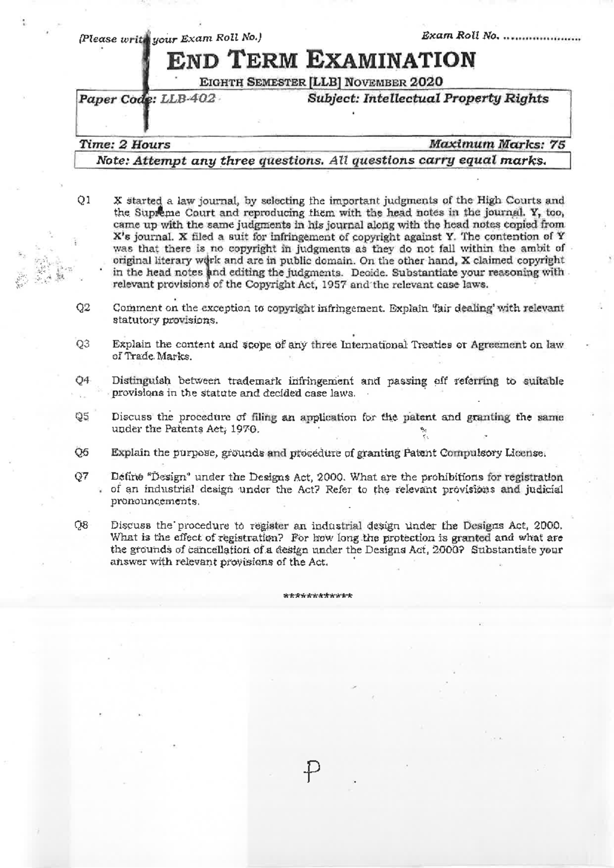 BBA LLB 8 (2020) - good - (Please write your Exam Roll No.) Exam Roll No. END TERM EXAMINATION ...