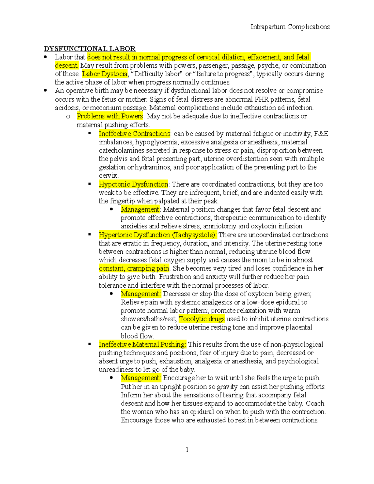 Intrapartum Complications Outline - DYSFUNCTIONAL LABOR Labor that does ...