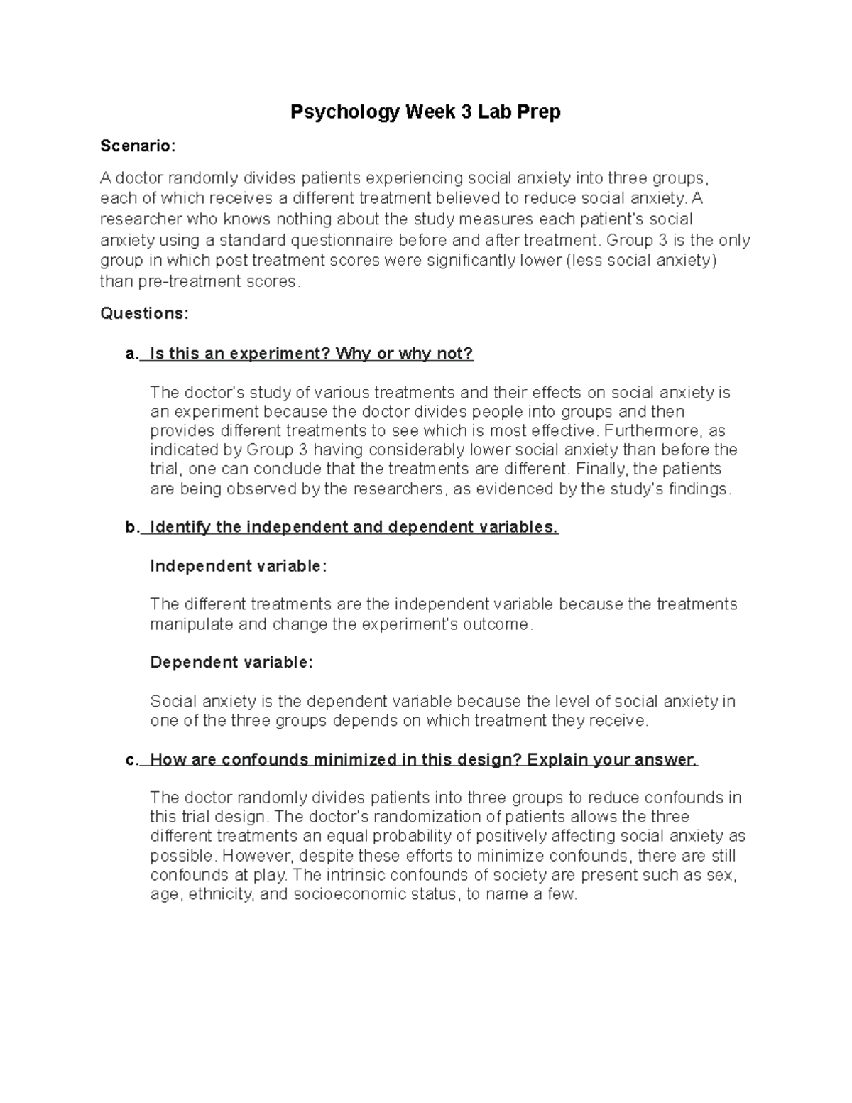Psychology Week 3 Lab Prep - Psychology Week 3 Lab Prep Scenario: A doctor randomly divides ...