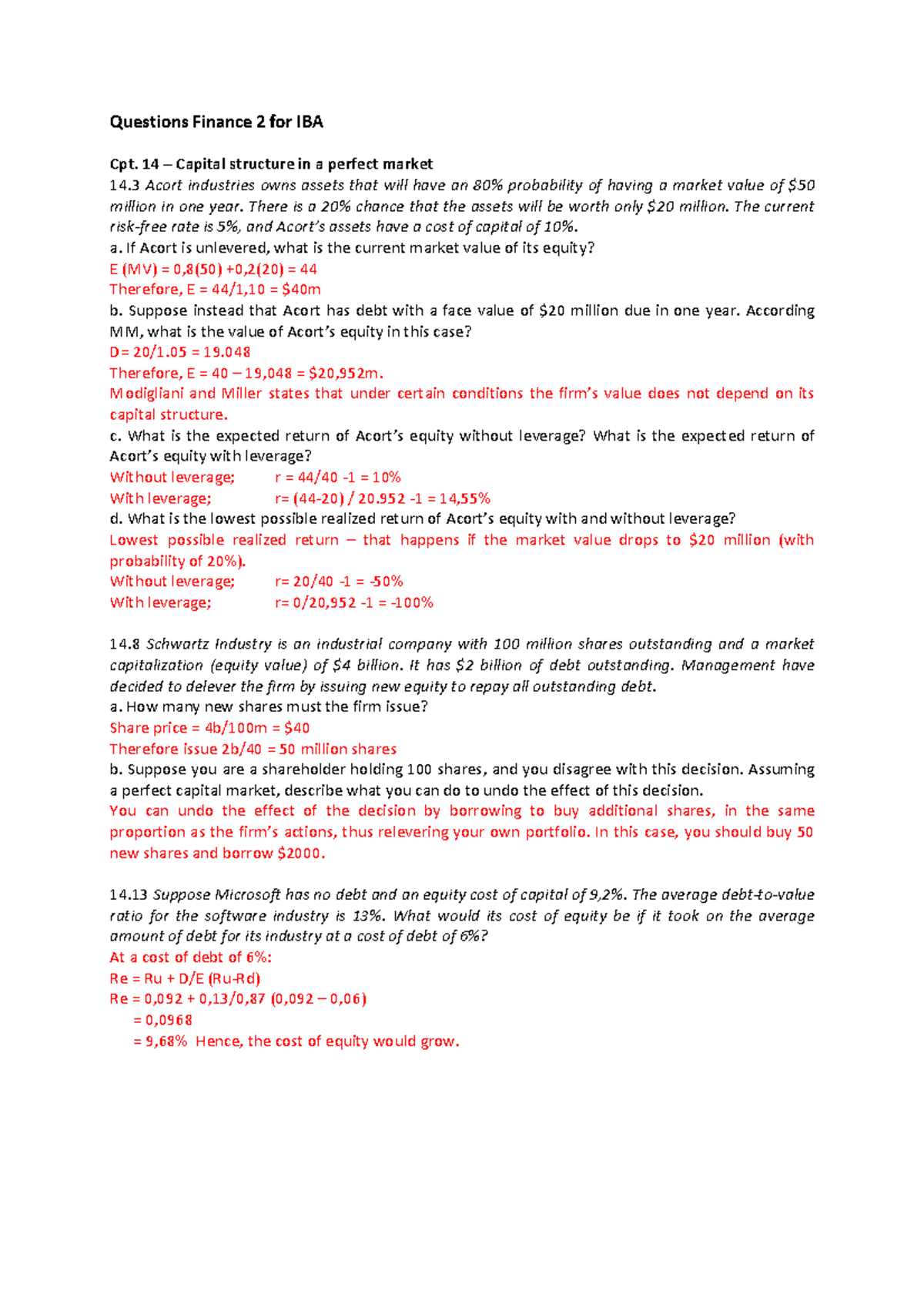Compulsory declarations, questions and answers - Questions Finance 2 for IBA Cpt. 14 – Capital ...