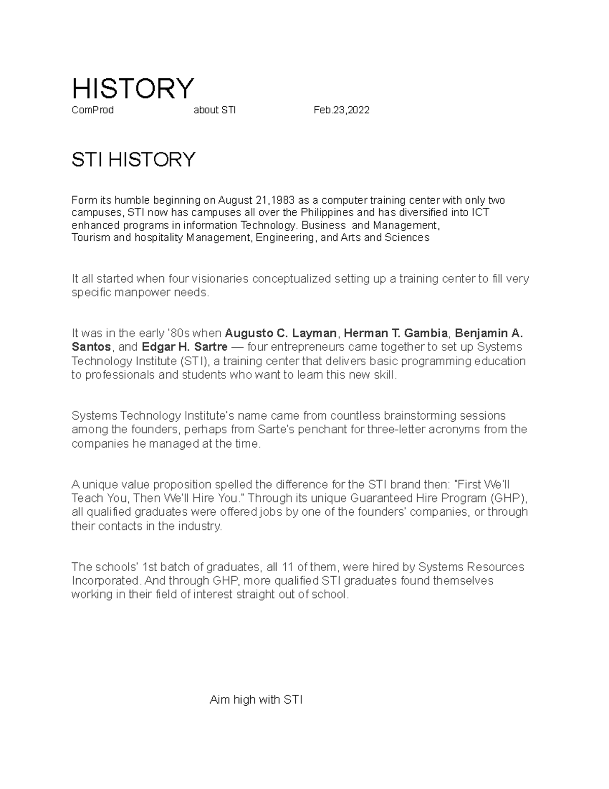 Cabanilla Christmas C BSMA 201 - HISTORY ComProd about STI Feb, STI ...