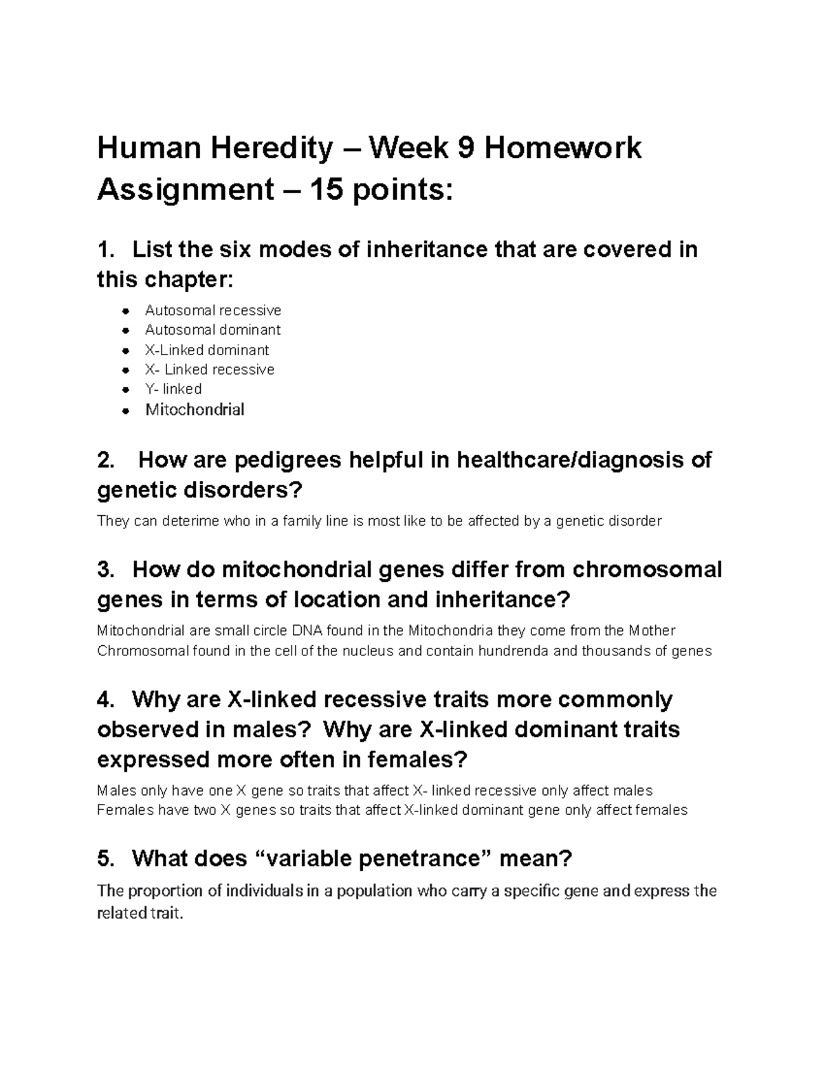 Week #9 Ch4 - Homework for week 9 - Human Heredity – Week 9 Homework ...