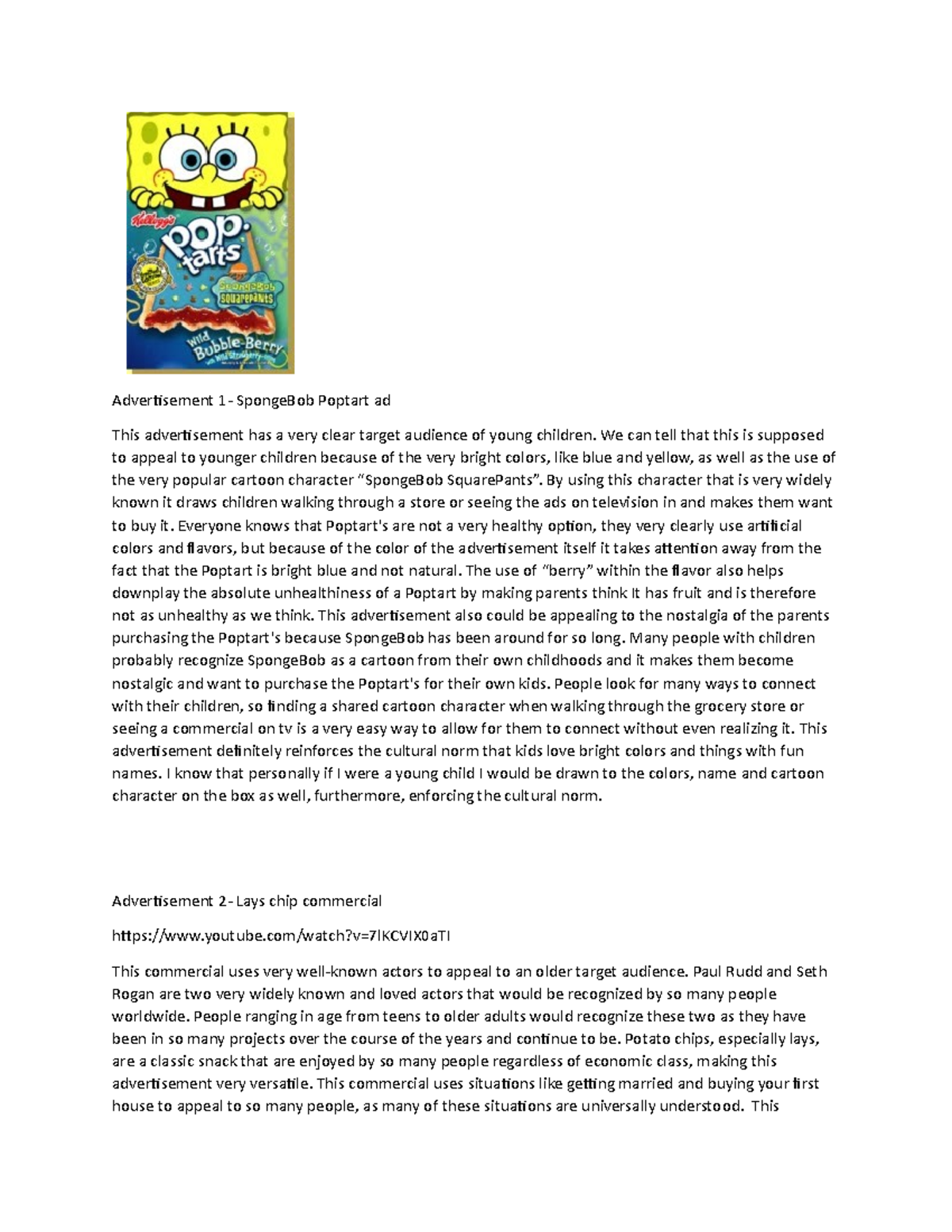 Media review - Copy - essay - Advertisement 1- SpongeBob Poptart ad ...