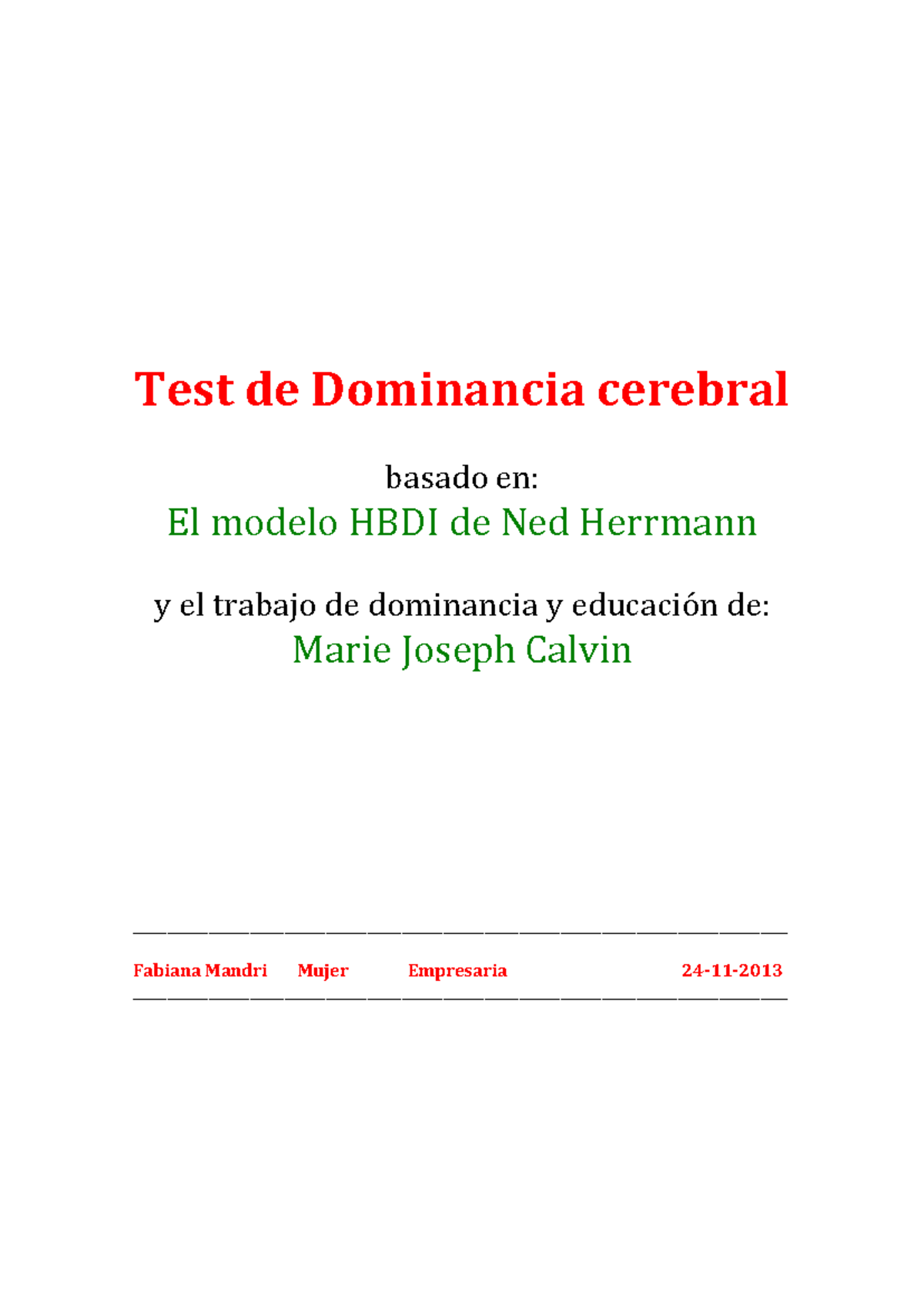 Dosierde Perfil HBDI ejemplo 1 - Test de Dominancia cerebral basado en ...