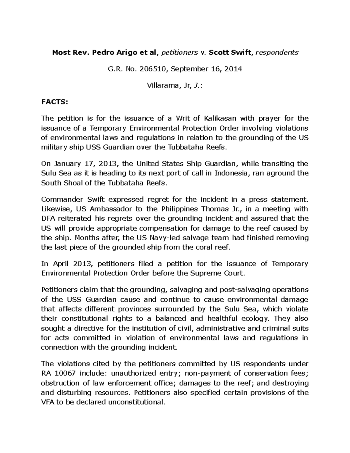 Most Rev. Pedro Arigo et al, petitioners v. Scott Swift, respondents G ...