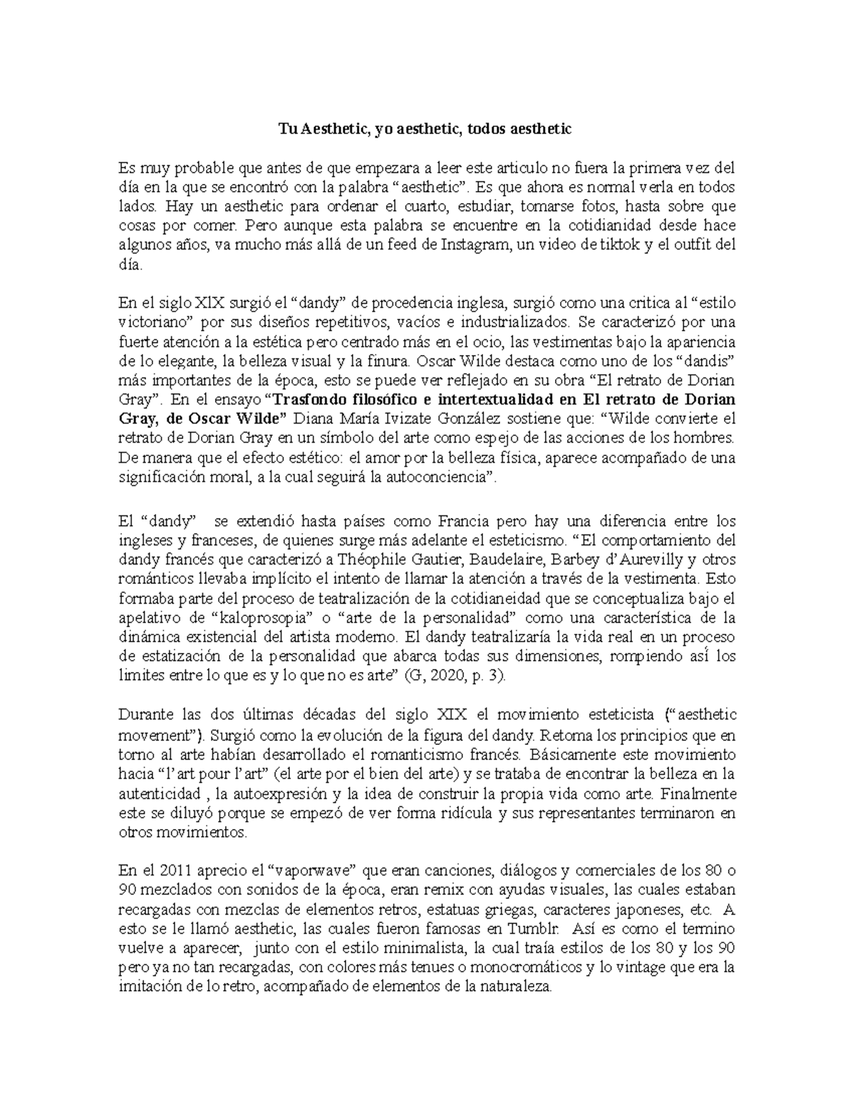 Aesthetic final - trabajo escrito de ideas personales - Tu Aesthetic ...