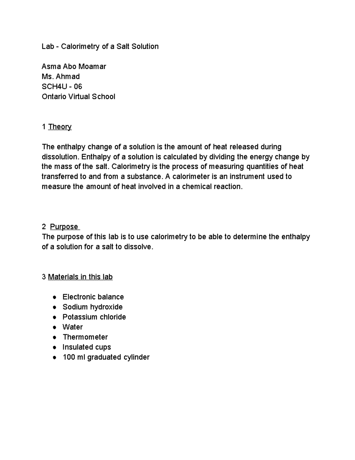 Lab - Calorimetry of a Salt Solution - Ahmad SCH4U - 06 Ontario Virtual ...