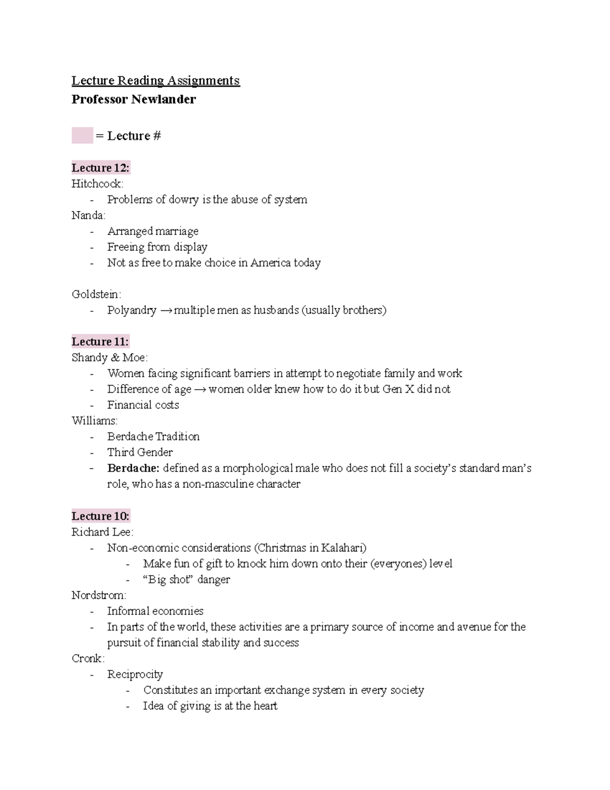 Ant 10cd Lecture Reading Summaries Lecture Reading Assignments
