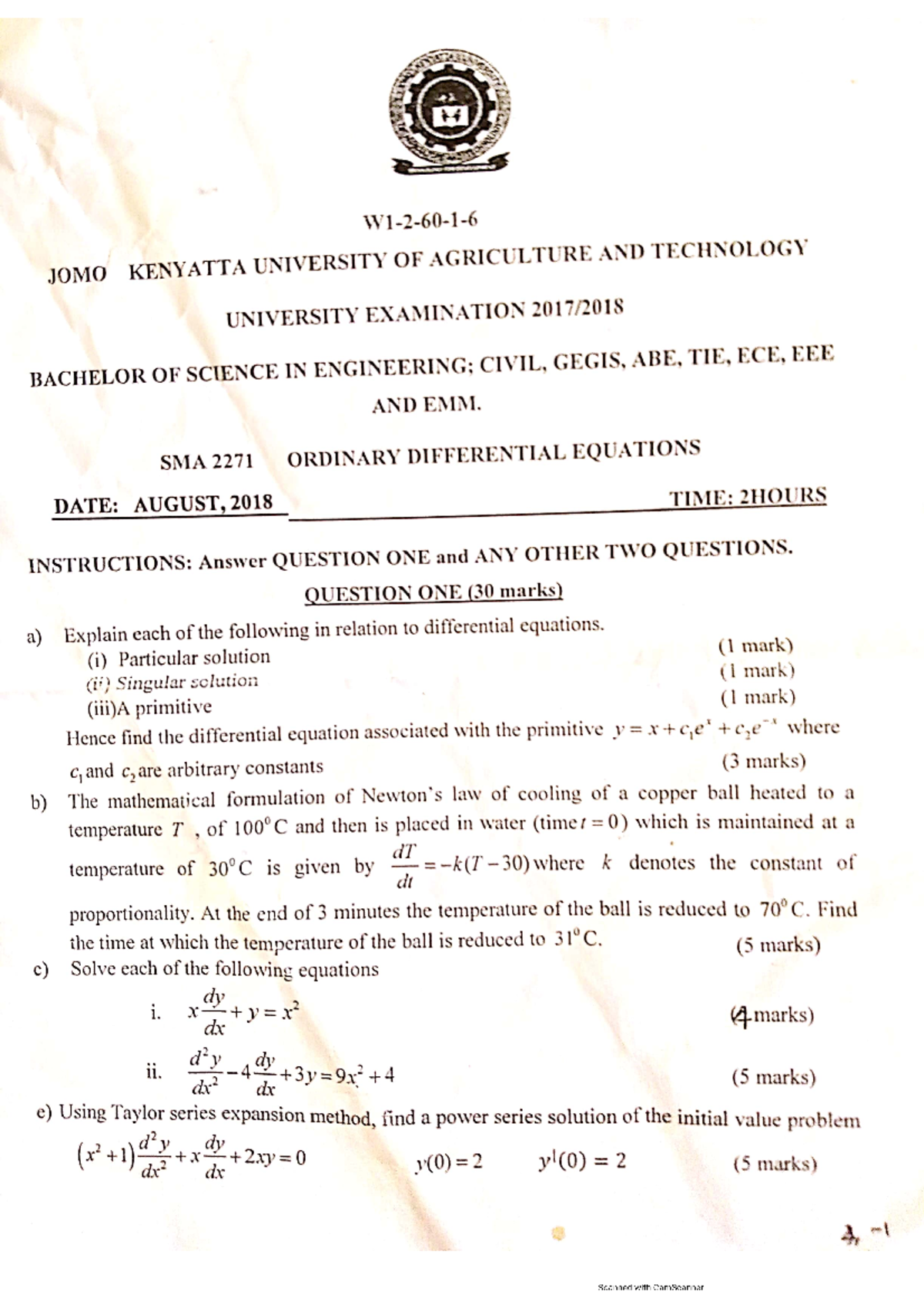 ODE SMA 2271 - lecture notes - Mechanical engineering - Studocu