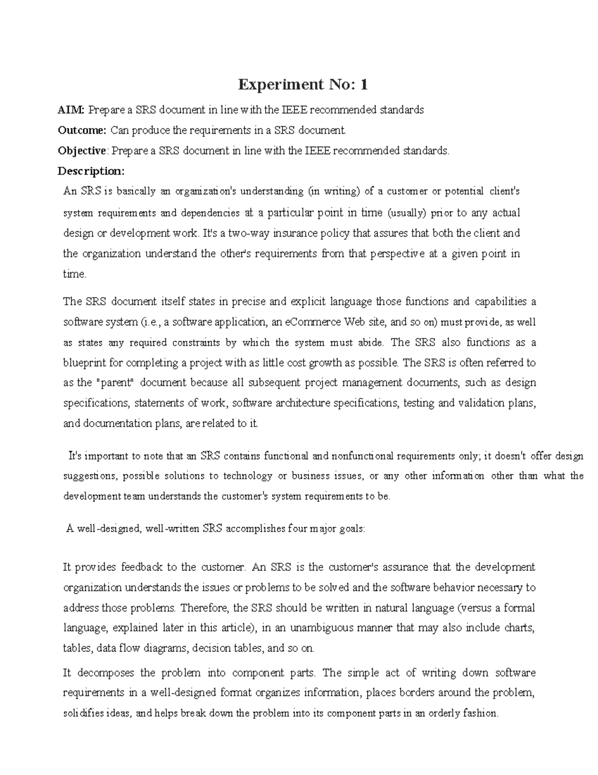 SE Lab Sample file - good - Experiment No: 1 AIM: Prepare a SRS ...