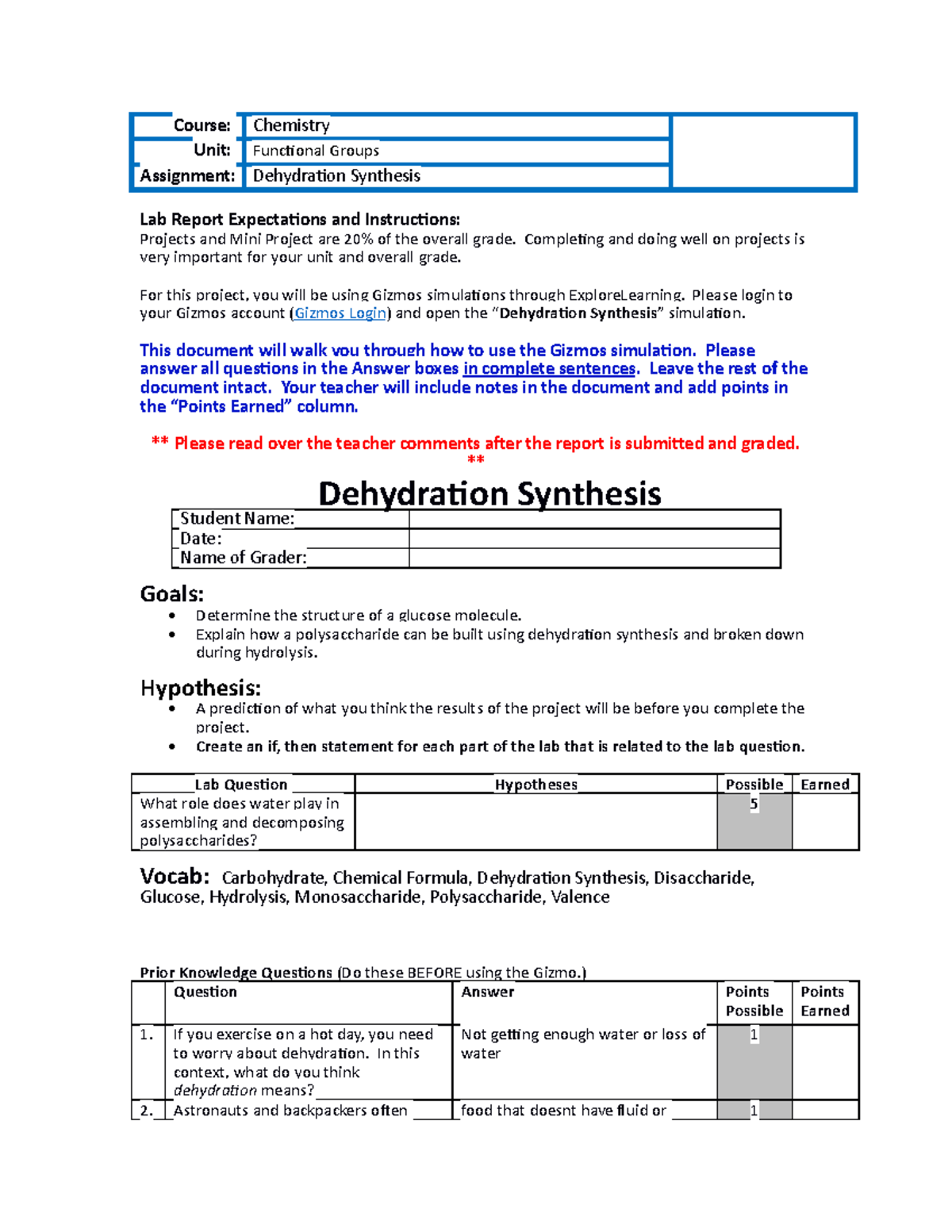Lastname Chem09 Dehydration Synthesis - Course: Chemistry Unit ...