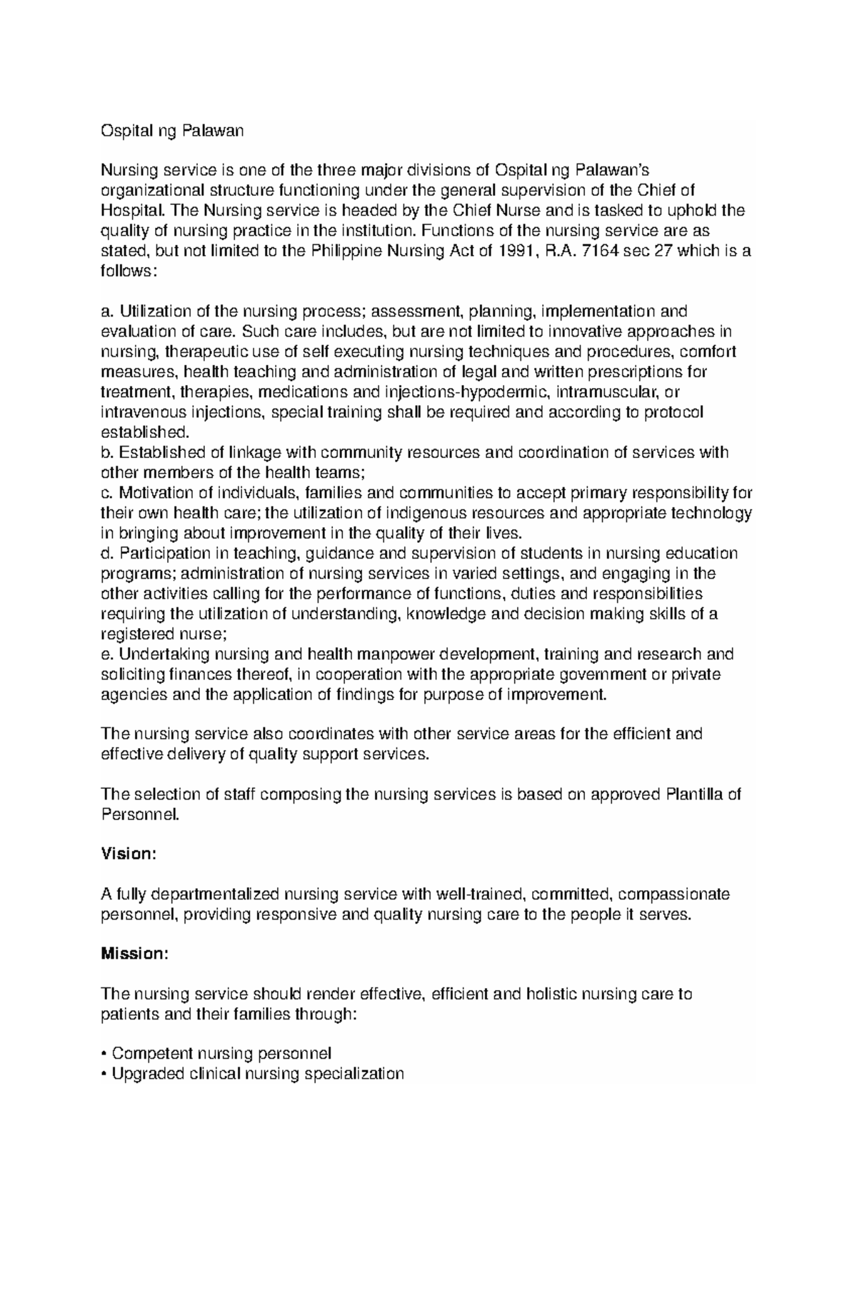 Nursing - Ospital ng Palawan Nursing service is one of the three major ...