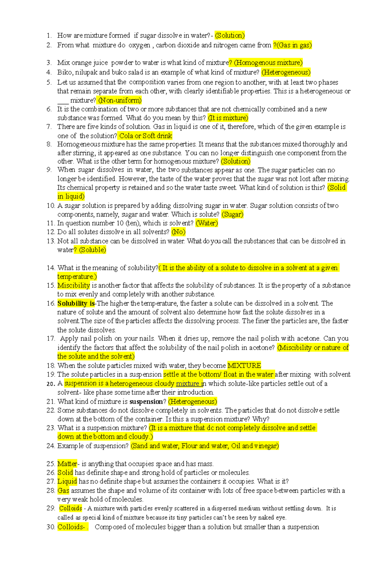 Science 6 Q1 - reviewer - How are mixture formed if sugar dissolve in water?- (Solution) From ...