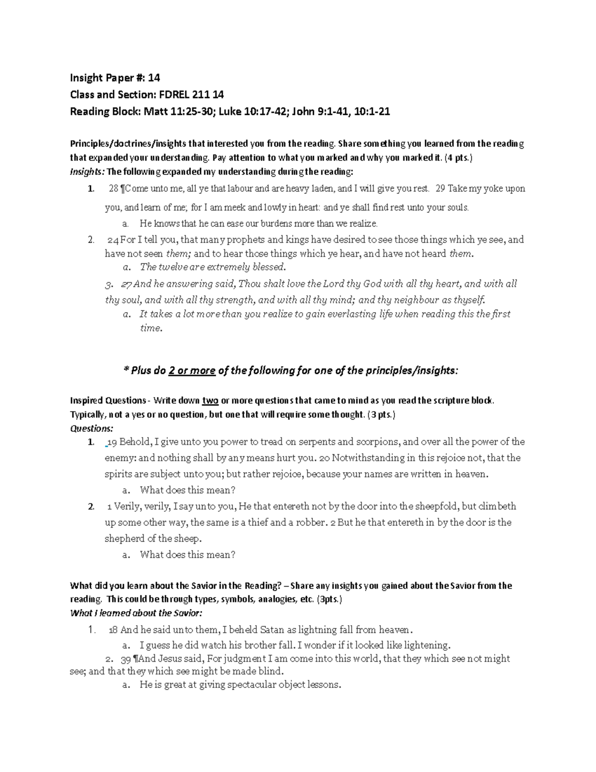 14 Insight Paper - For the class of Brother Parker. - Insight Paper ...