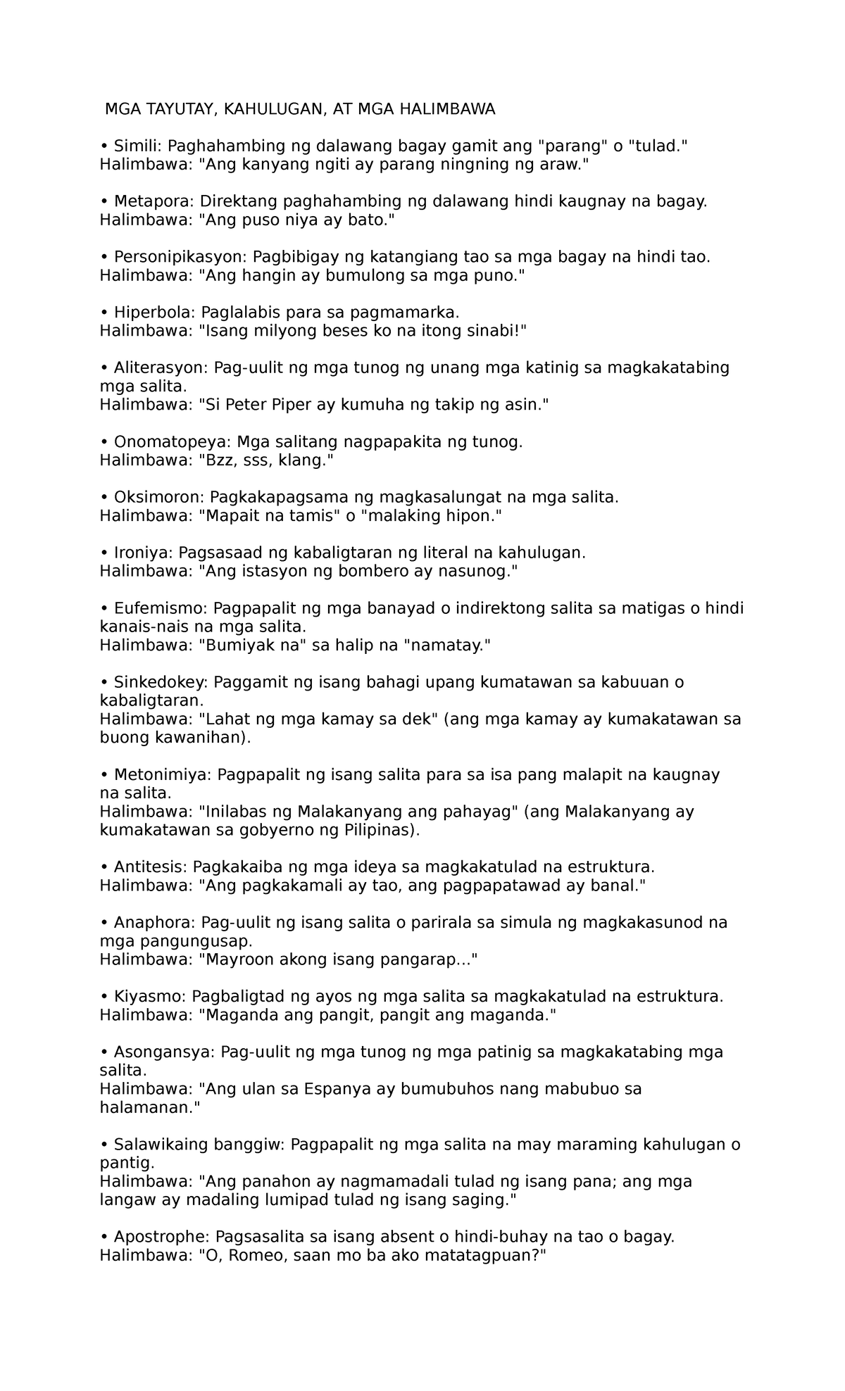 Figures of speech 1 - Notes - MGA TAYUTAY, KAHULUGAN, AT MGA HALIMBAWA ...