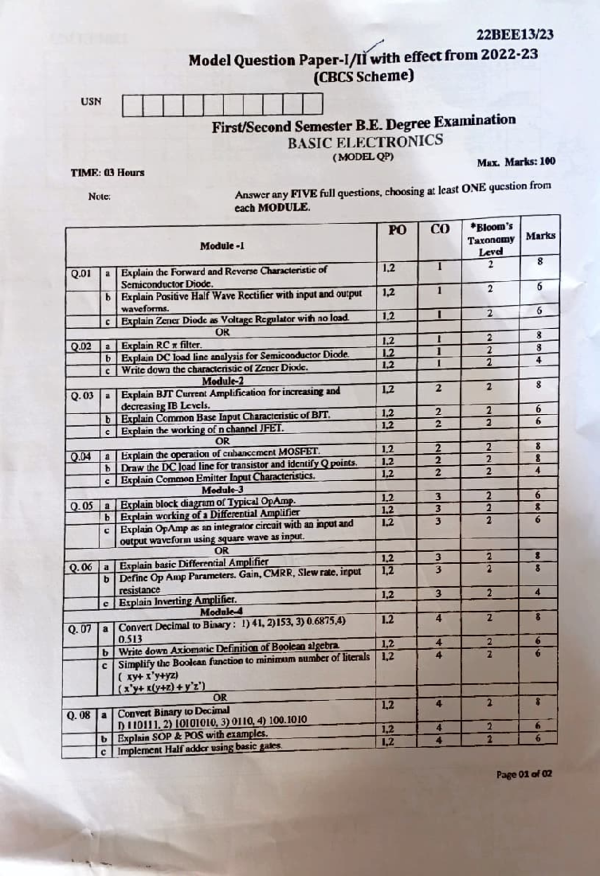 Bee model paper 2 answers - 22BEE13/ Model Question Paper-1/1 with ...