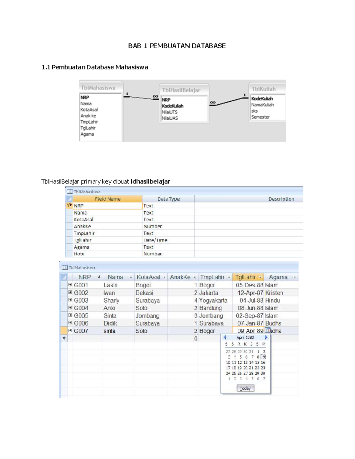 Sql - oke - BAB 1 PEMBUATAN DATABASE 1 Pembuatan Database Mahasiswa TblHasilBelajar primary key ...