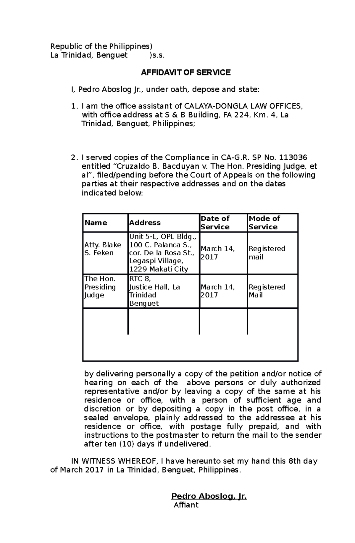 Affidavit of Services. sample documents. Philippines - Republic of the ...