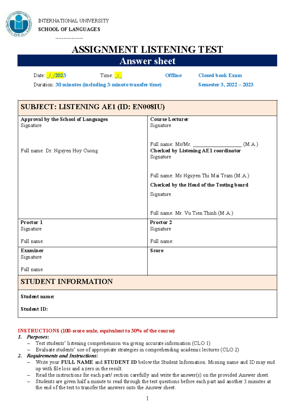Assignment Listening TEST Answer Sheet - INTERNATIONAL UNIVERSITY ...