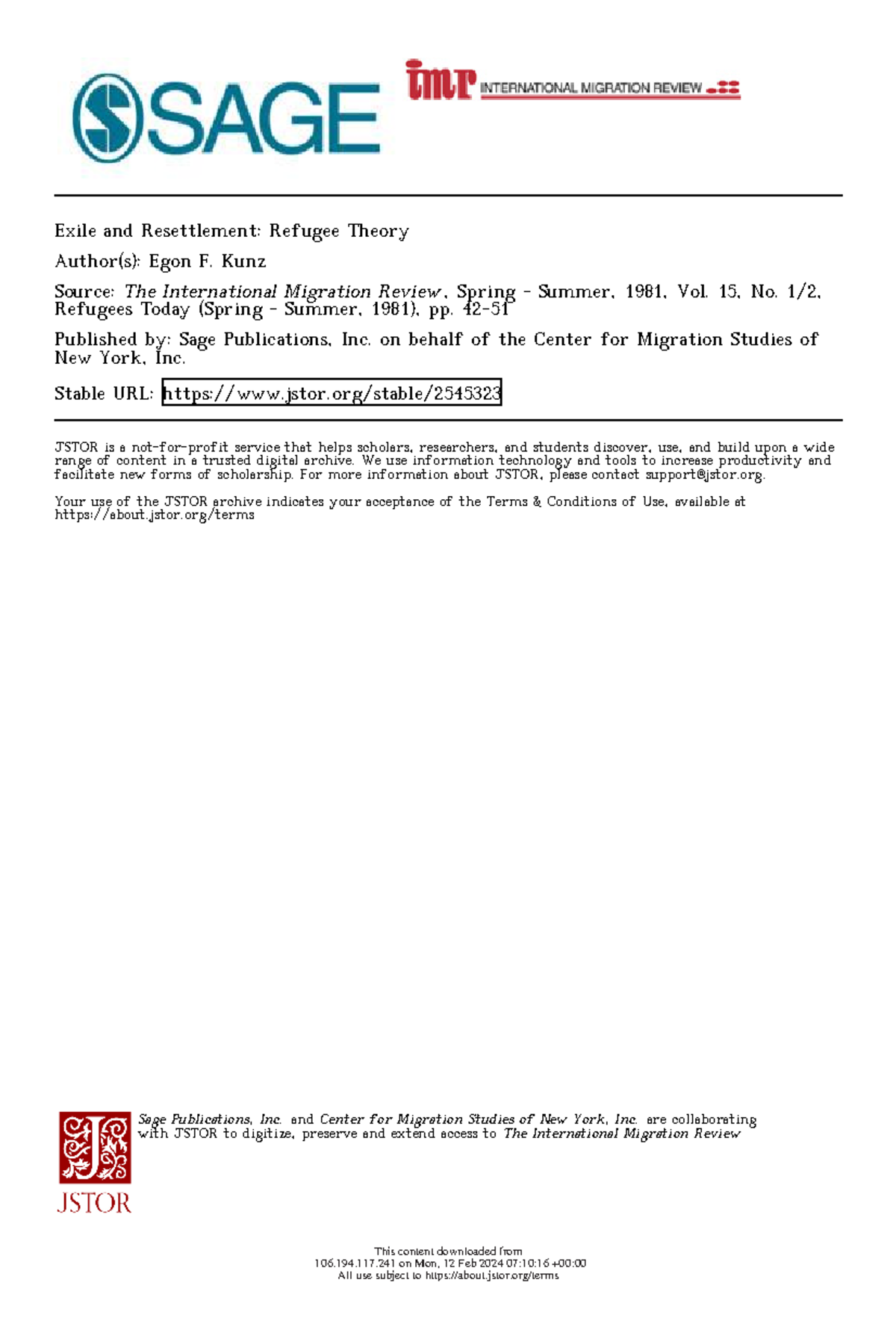 Kunz-Exile Resettlement Refugee-1981 - Exile and Resettlement: Refugee ...