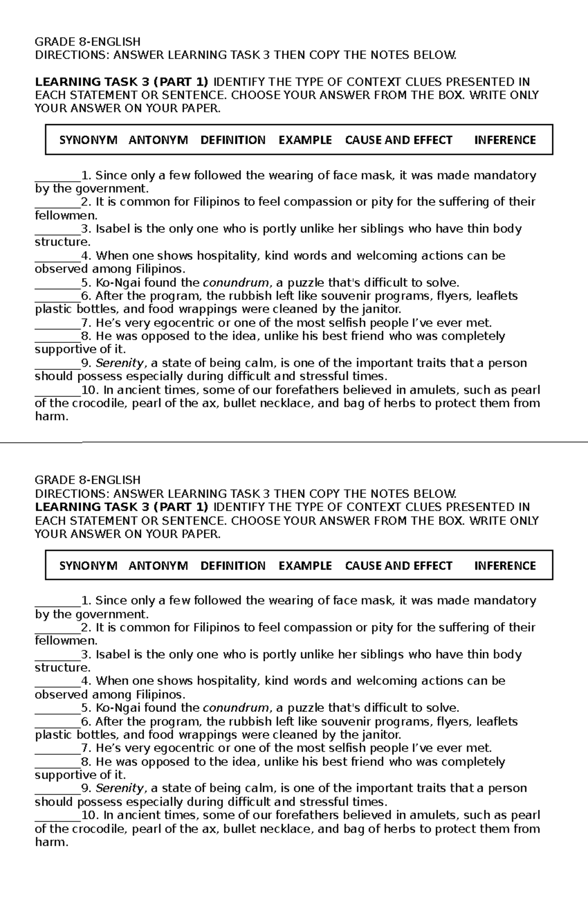 WRITTEN WORKS AND PERFORMANCE TASK 1 - GRADE 8-ENGLISH DIRECTIONS ...