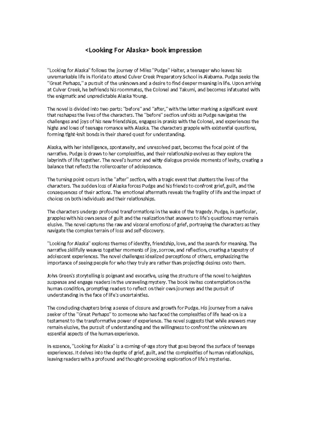 Looking For Alaska - english essay used in class - book impression ...