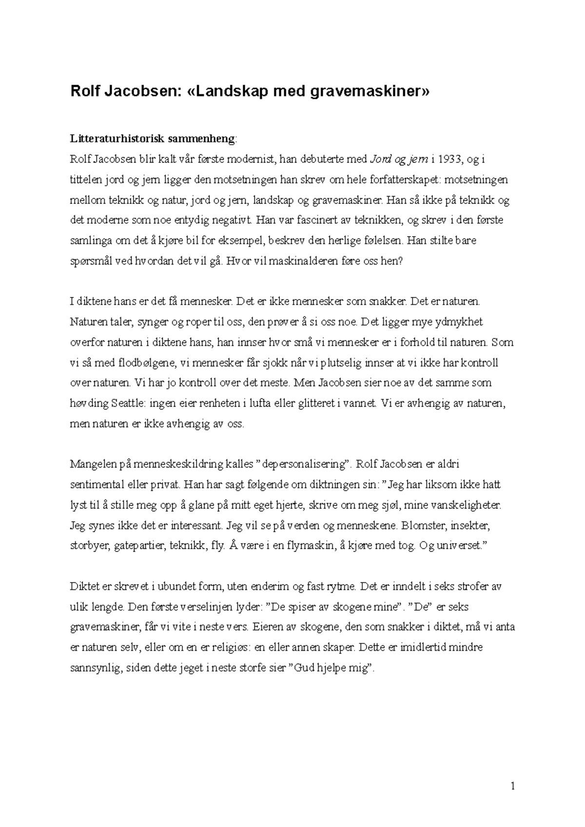 Rolf Jacobsen dikttolkning eksempeltekst - Rolf Jacobsen: «Landskap med ...