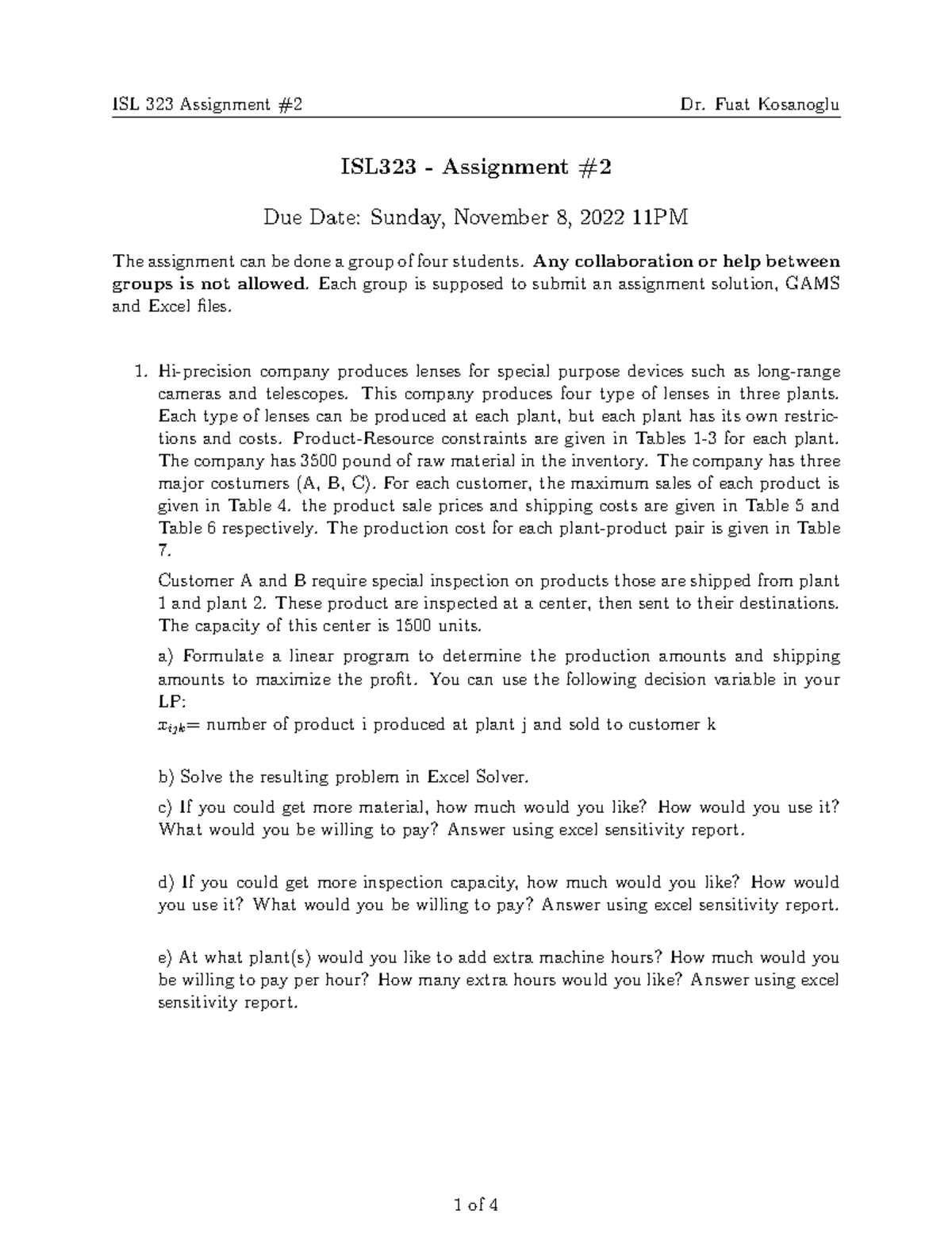 Assignment Operations Research - ISL323 - Assignment Due Date: Sunday ...