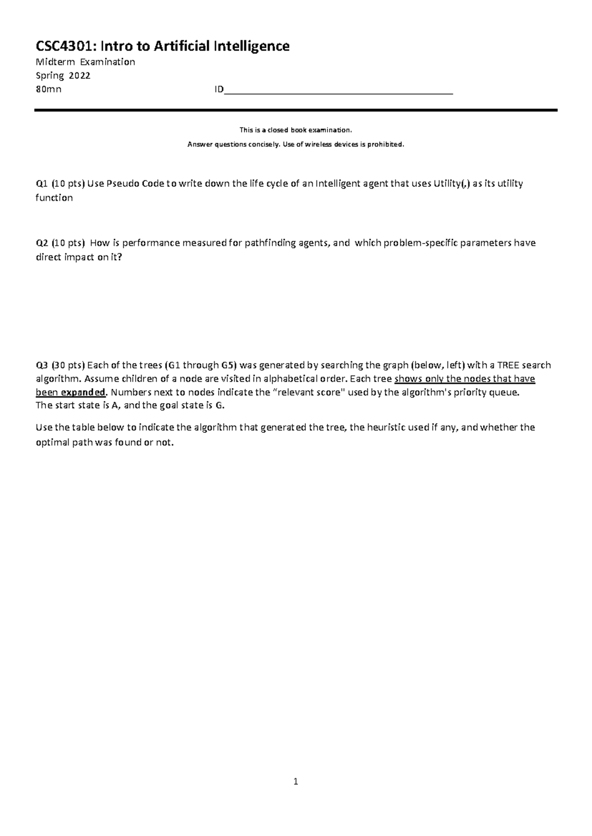 Mock midterm Spring 2022 - CSC 4301 : Intro to Artificial Intelligence Midterm Examination ...