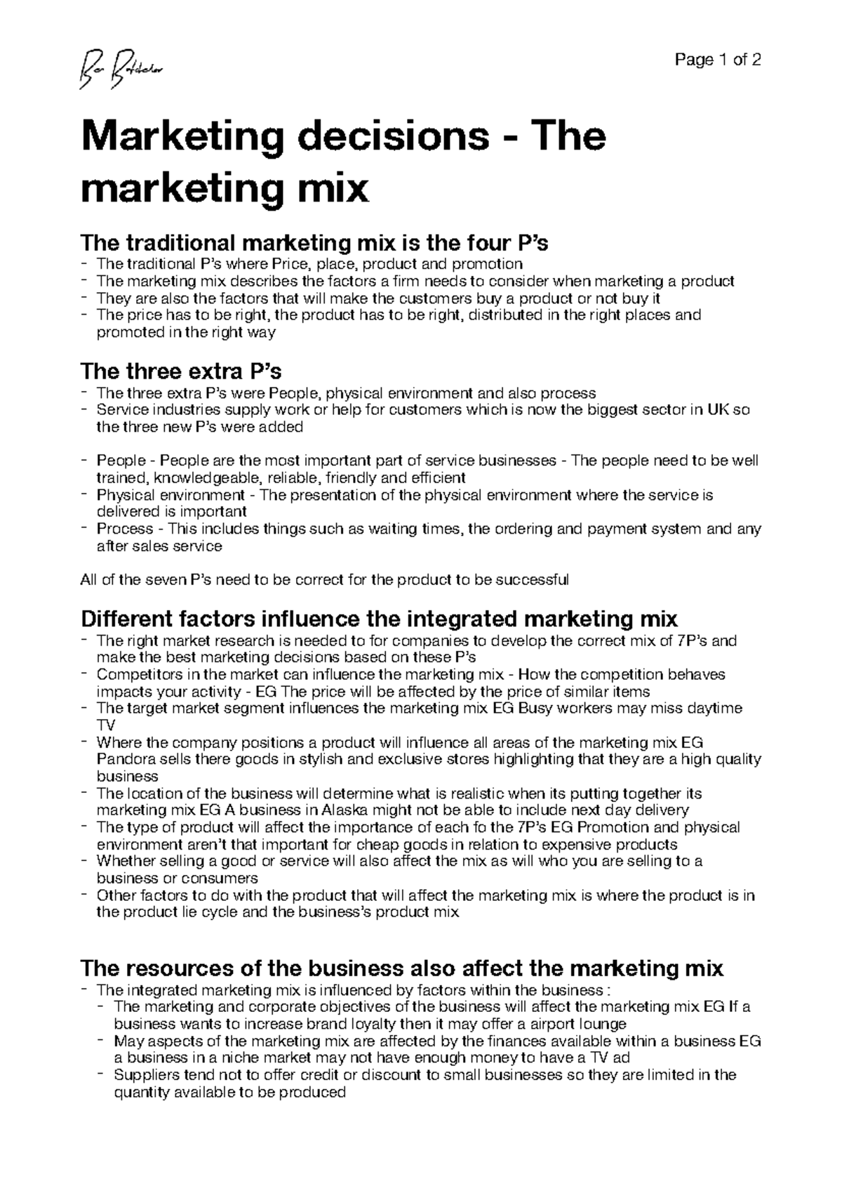 L13 Marketing decisions - The marketing mix - Page 1 of 2 Marketing ...