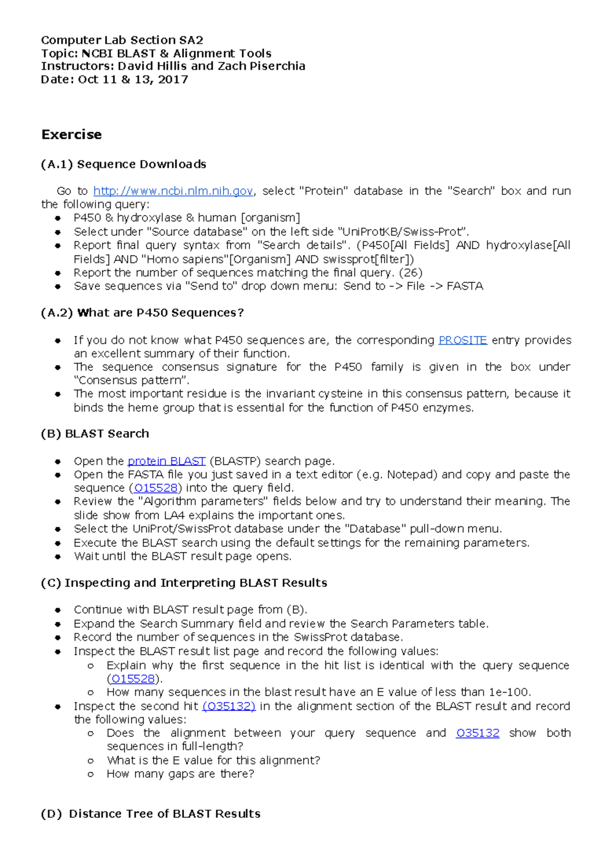 Computer Lab Section SA2 - Computer Lab Section SA Topic: NCBI BLAST ...