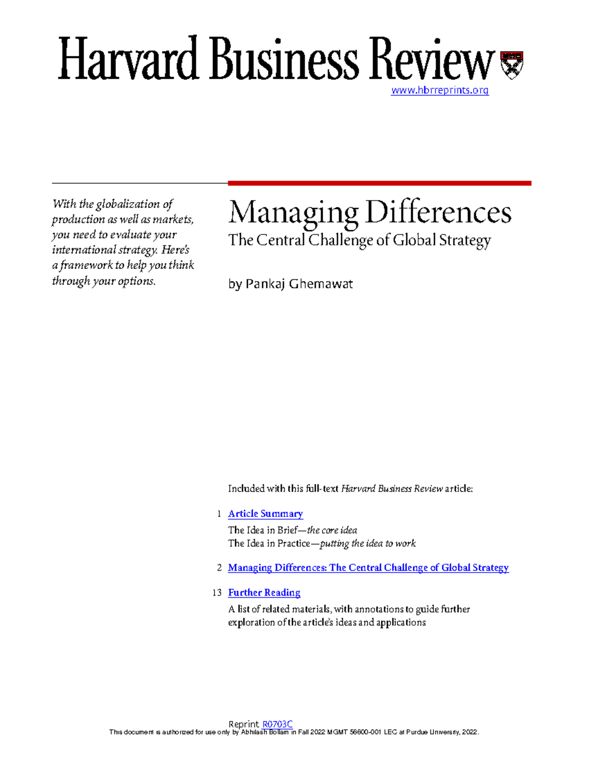 R0703C-PDF-ENG - supply - hbrreprints Managing Differences The Central Challenge of Global ...