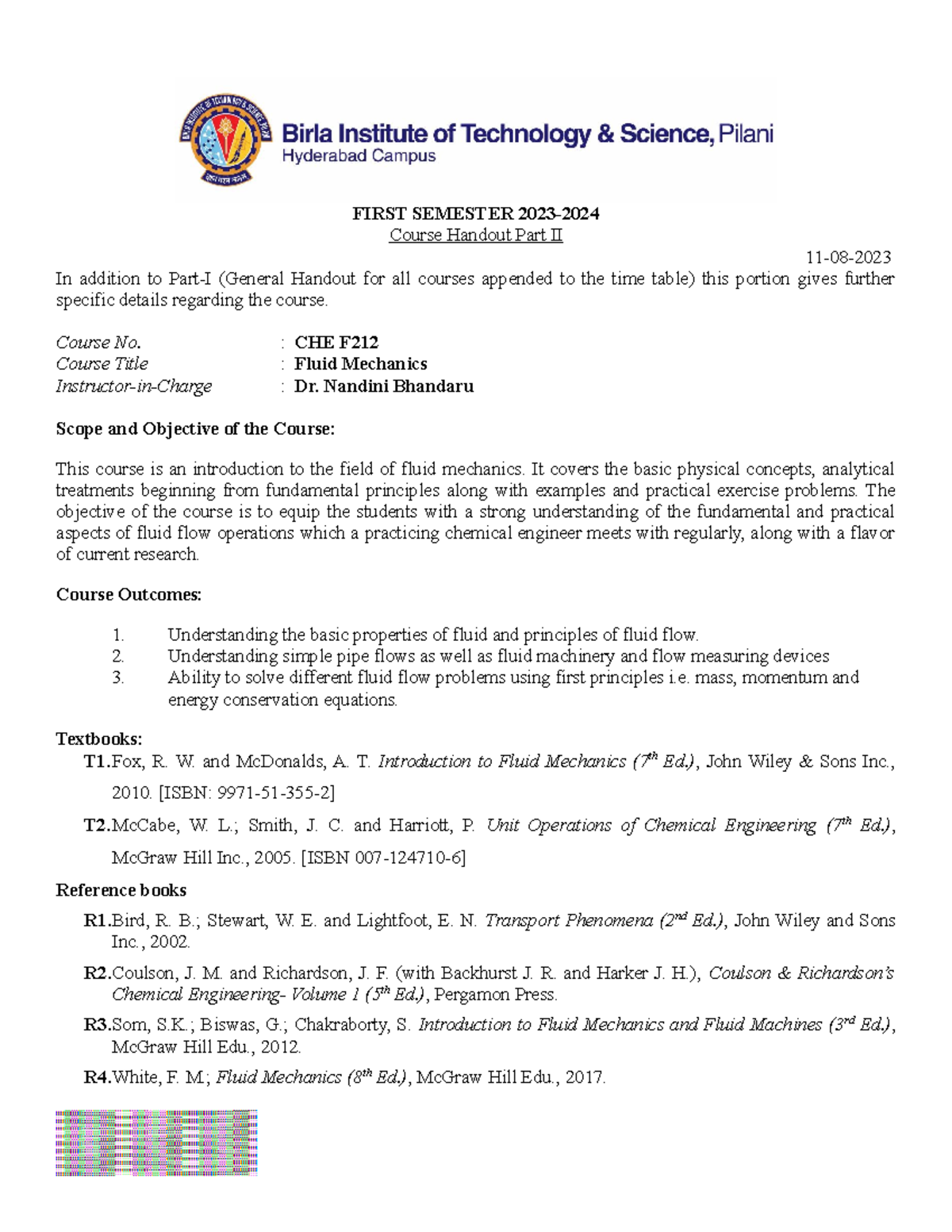 CHE F212 Fluid Mechanics Handout - FIRST SEMESTER 2023- Course Handout Part II 11-08- In ...