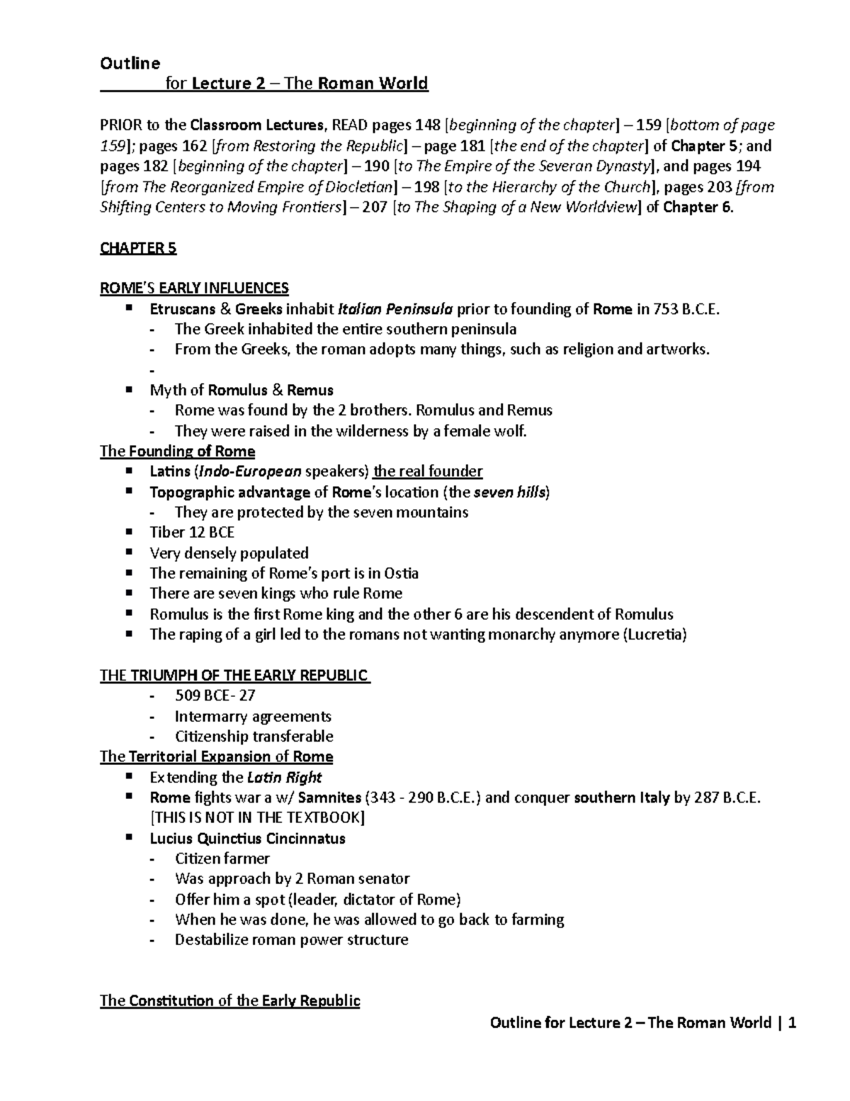 HIST Lecture 2 - Outline for Lecture 2 – The Roman World PRIOR to the ...