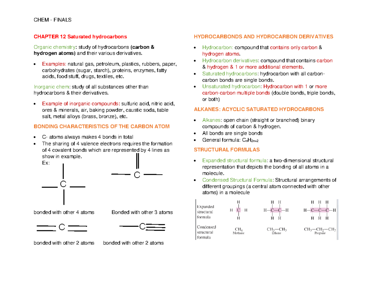 CHEM Finals - study - CHAPTER 12 Saturated hydrocarbons Organic ...