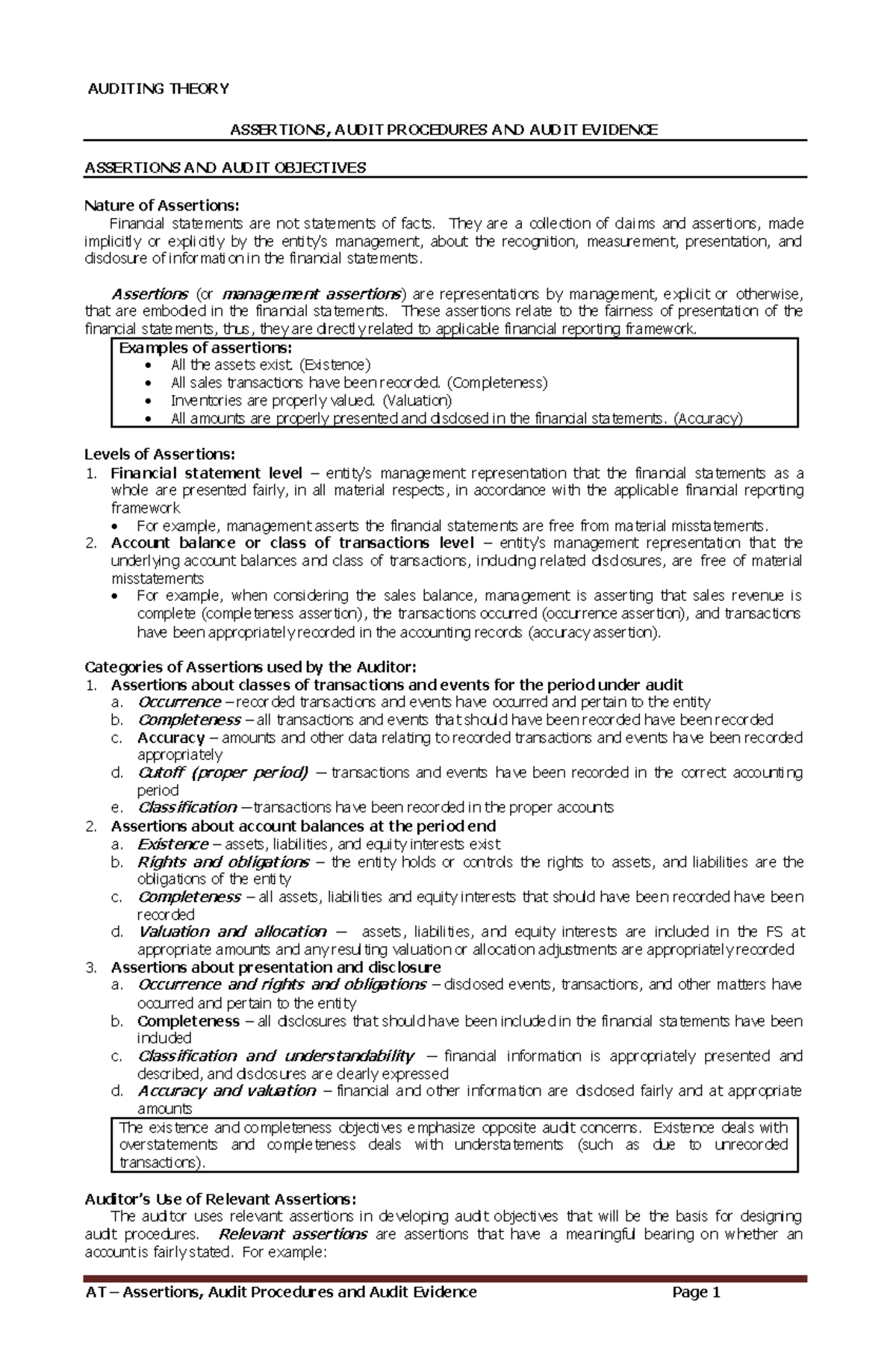 At Lecture 7 Assertions Audit Procedures And Audit Evidence Auditing Theory Assertions A