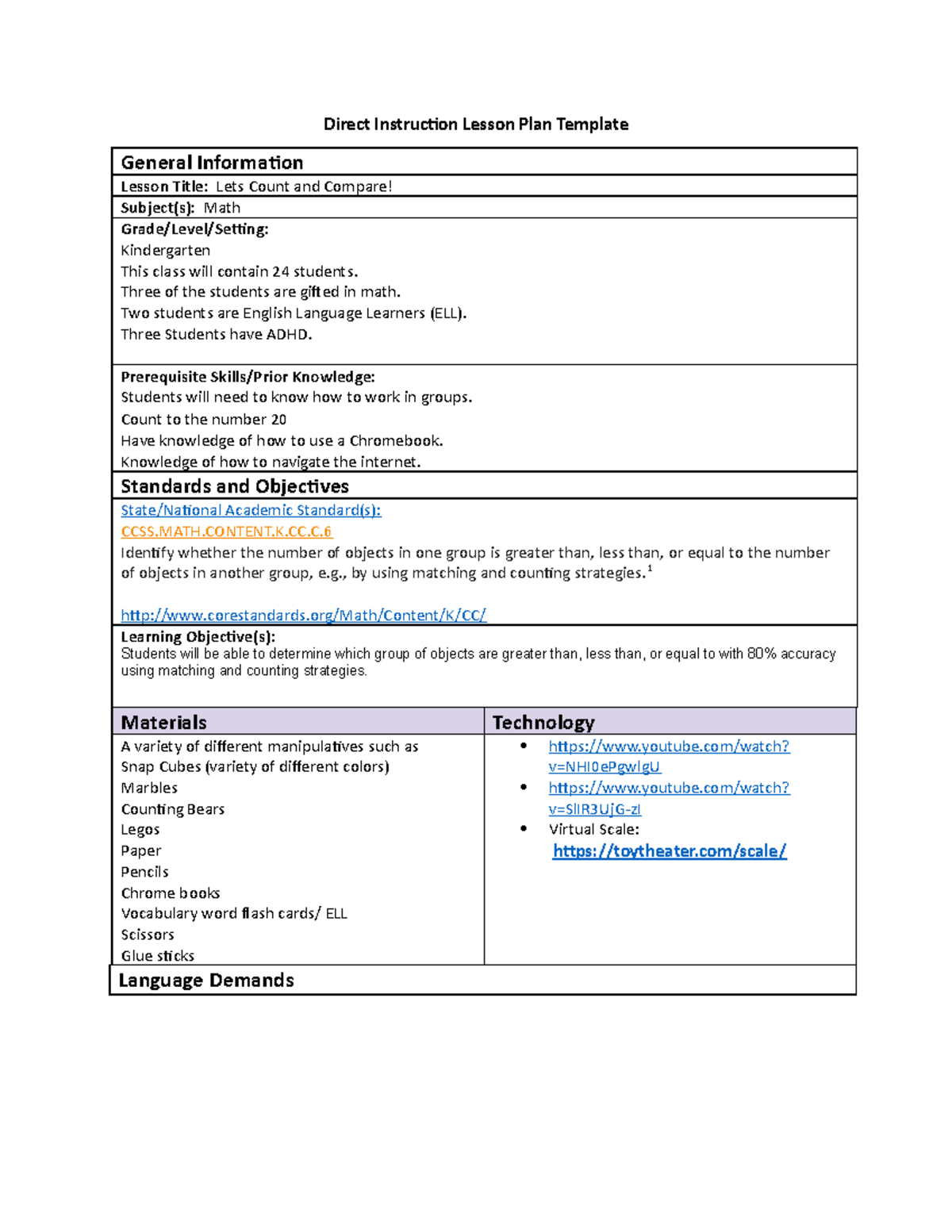 Lesson Plan Math C109 Add Sub Direct Instruction Lesson Plan Template 