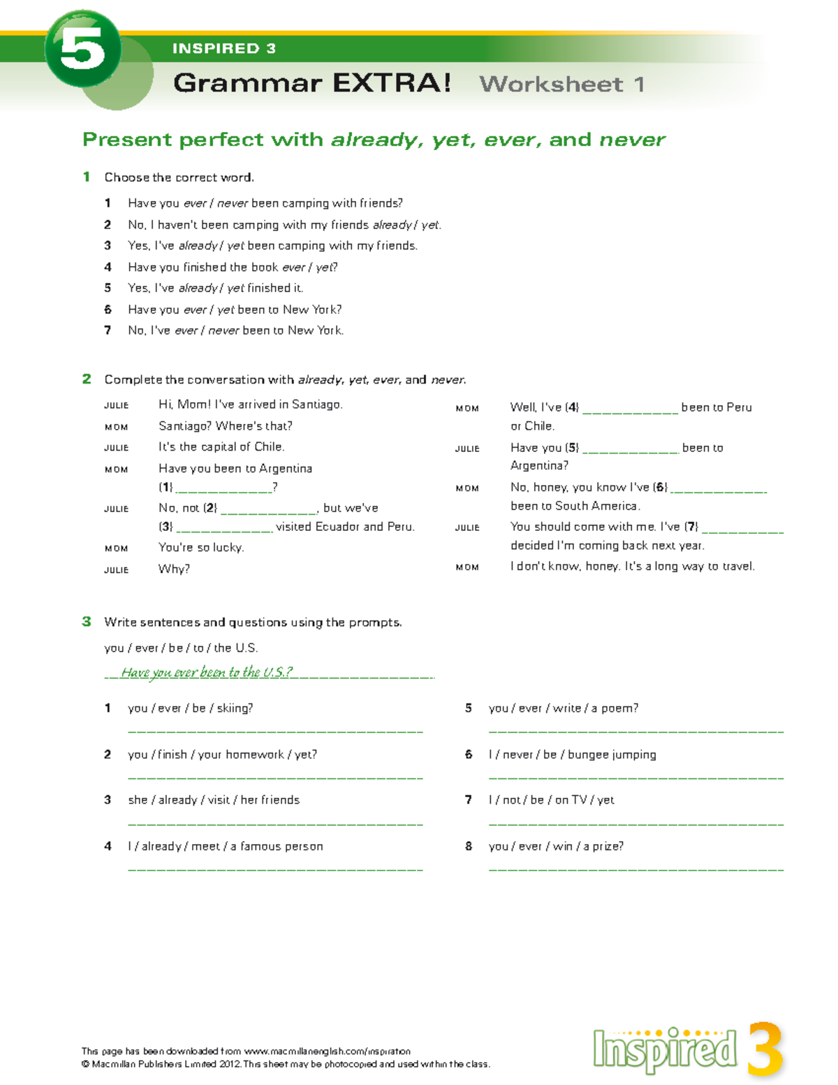 Grammar- Extra Inspired 3 Unit 5 Present perfect with already yet ever ...