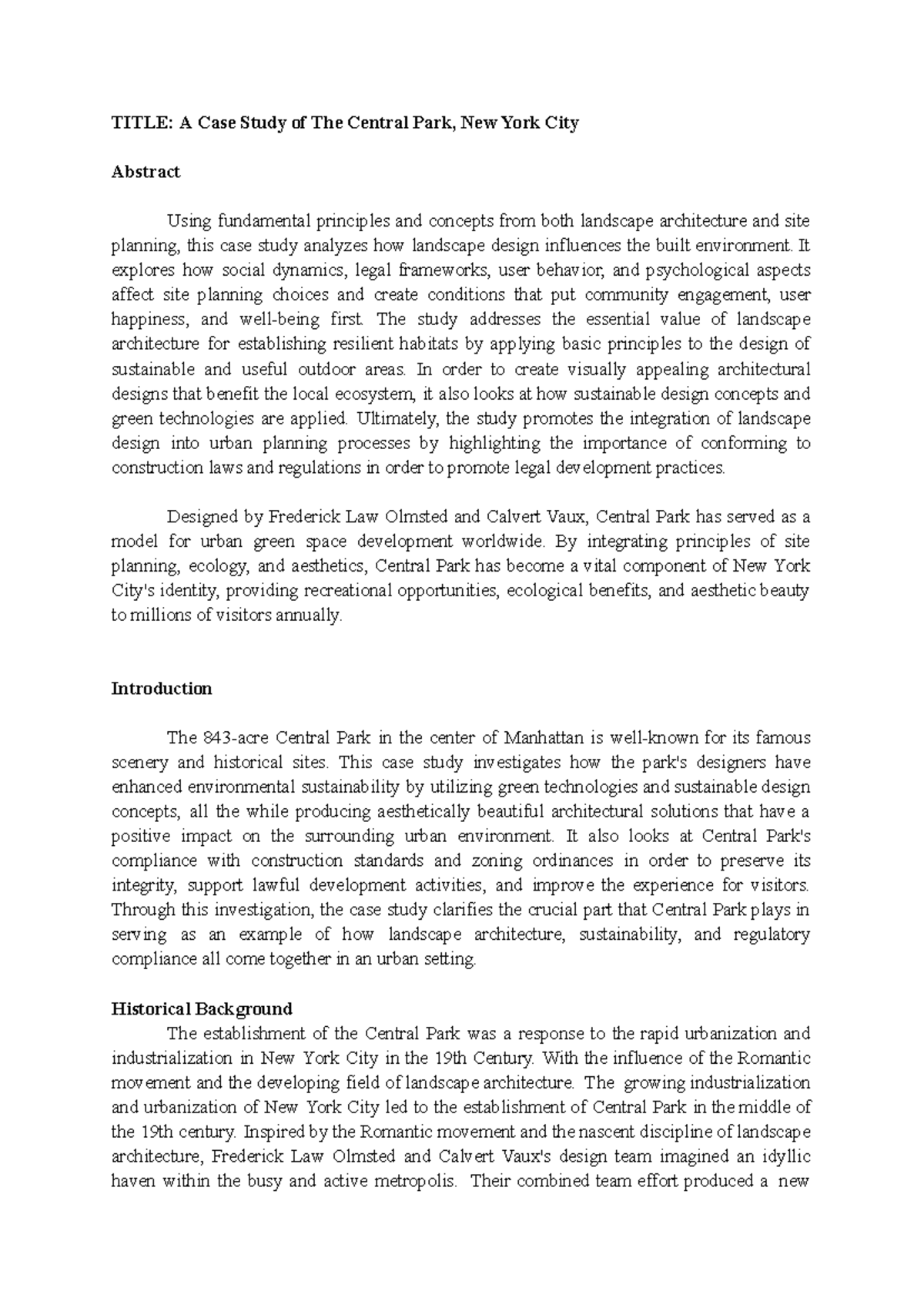 Planning Case Study - TITLE: A Case Study of The Central Park, New York ...