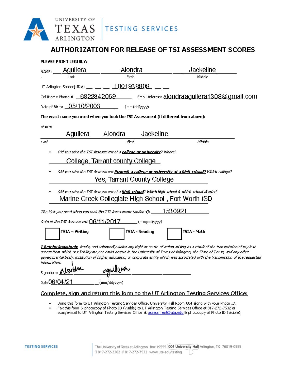 TSI Remote Score Author AUTHORIZATION FOR RELEASE OF TSI ASSESSMENT