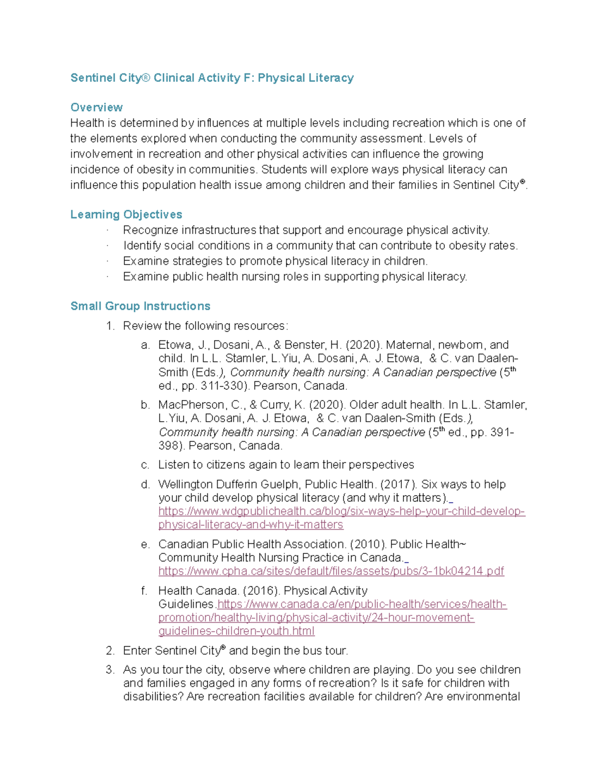 Sentinel City® Clinical Activity F Physical Literacy - Sentinel City ...