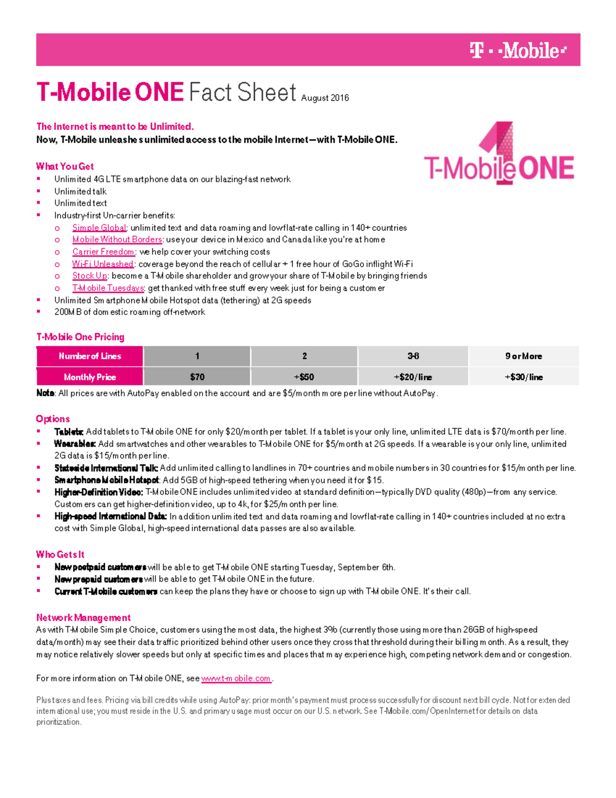 ONEFact Sheet - nine - T-Mobile ONE Fact Sheet August 2016 The Internet ...