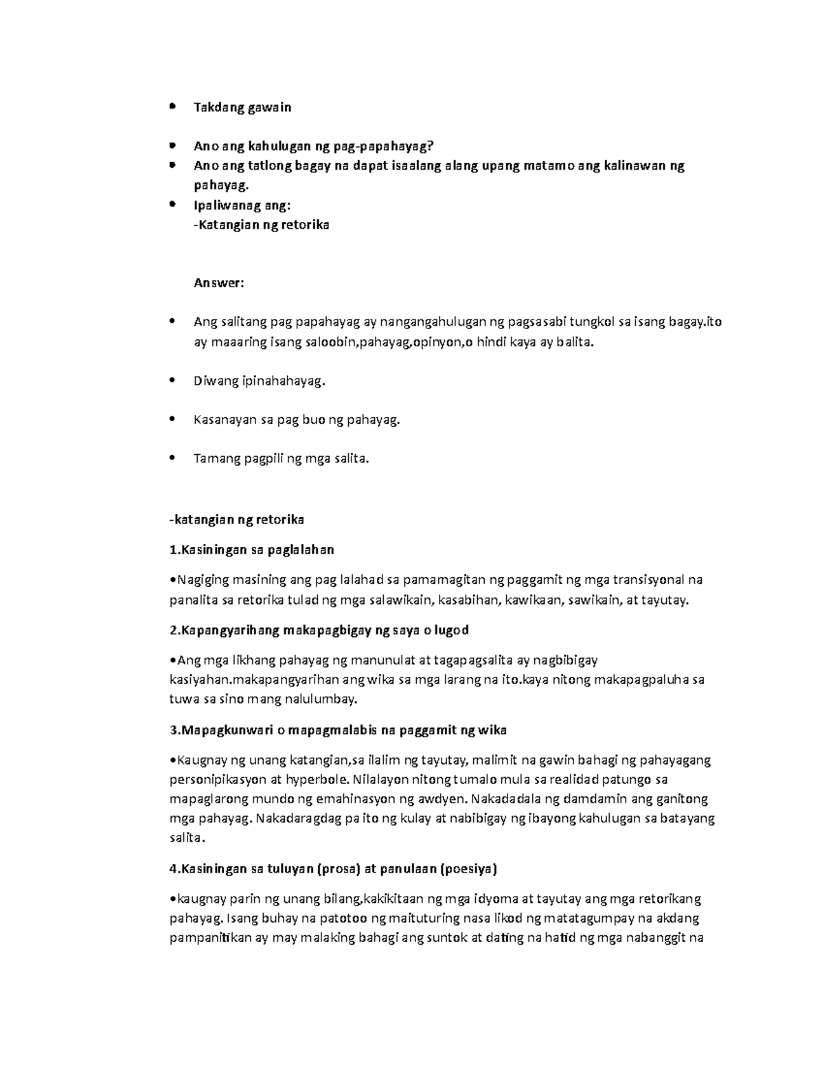 Gawain Filipino - Notes - Takdang gawain Ano ang kahulugan ng pag ...