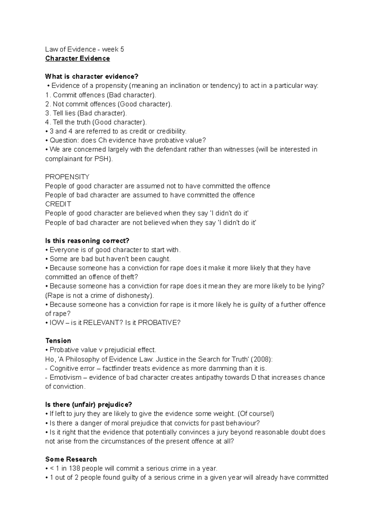 Law of Evidence - character evidence - Law of Evidence - week 5 ...