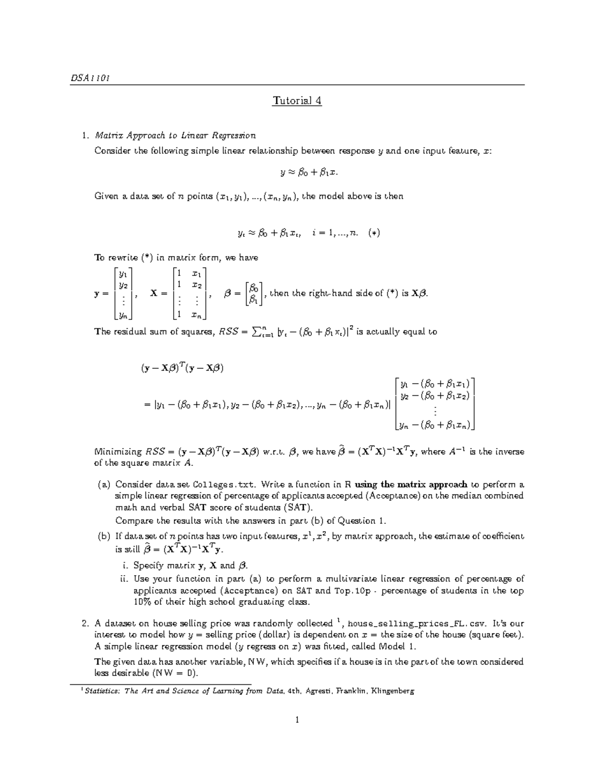Tutorial 04 Qn Hiu Dsa Tutorial 4 Matrix Approach To Linear Regression Consider The